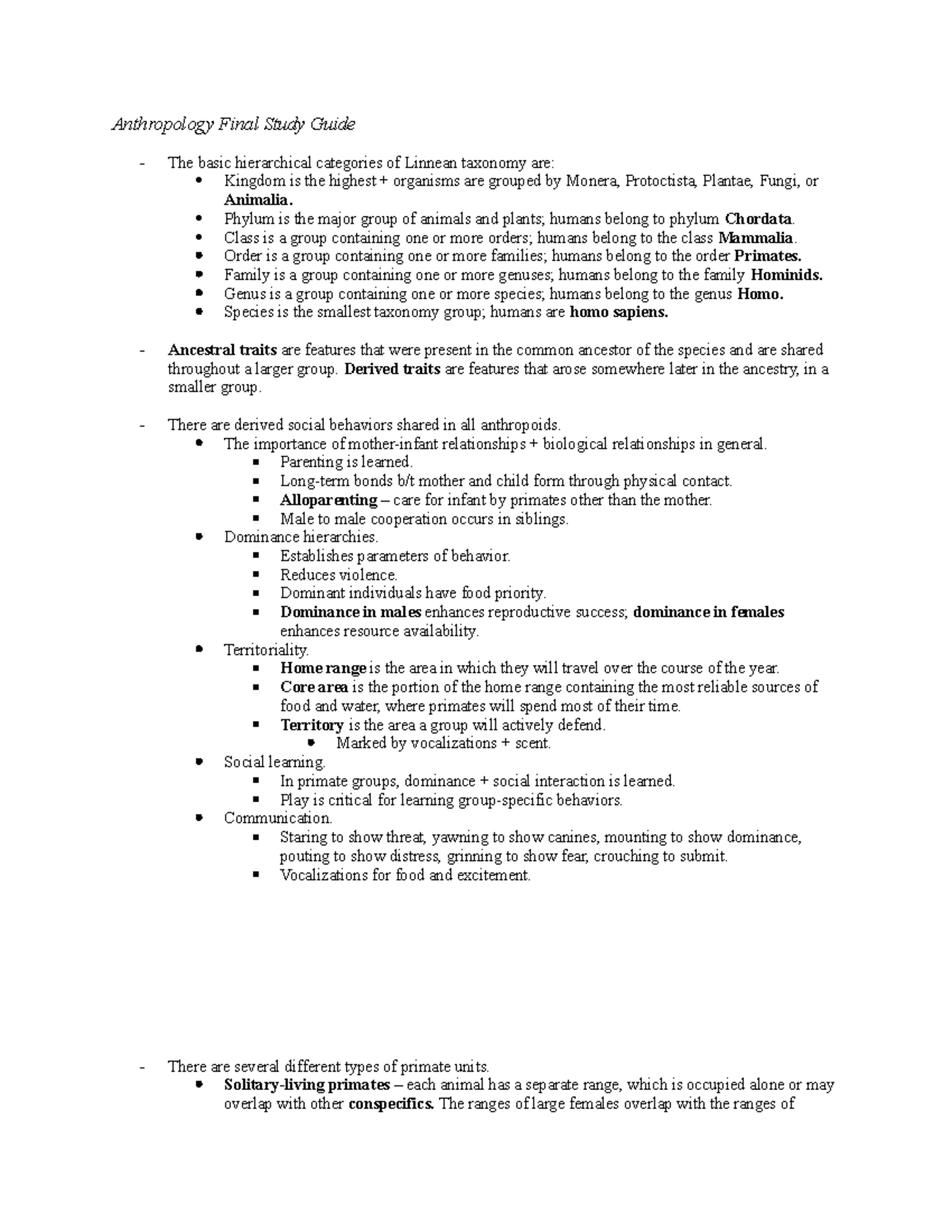 Anthropology Final Study Guide - Phylum is the major group of animals ...