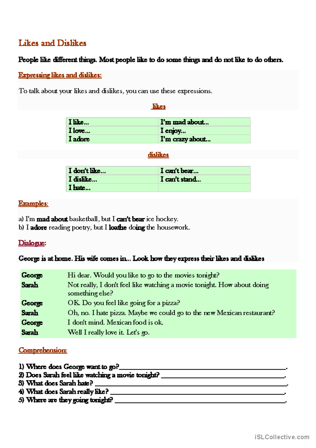 Likes and Dislikes 2 - Inglés - Likes and Dislikes People like ...