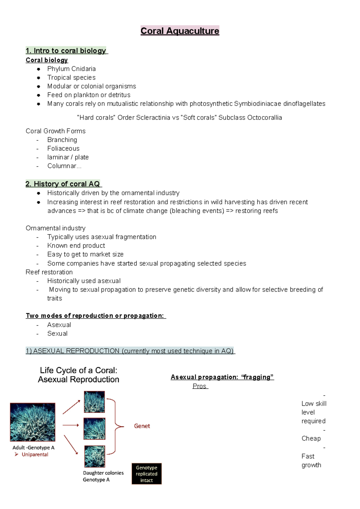 AQ Week6 Coral - Notes Aquaculture - Coral Aquaculture 1. Intro to ...