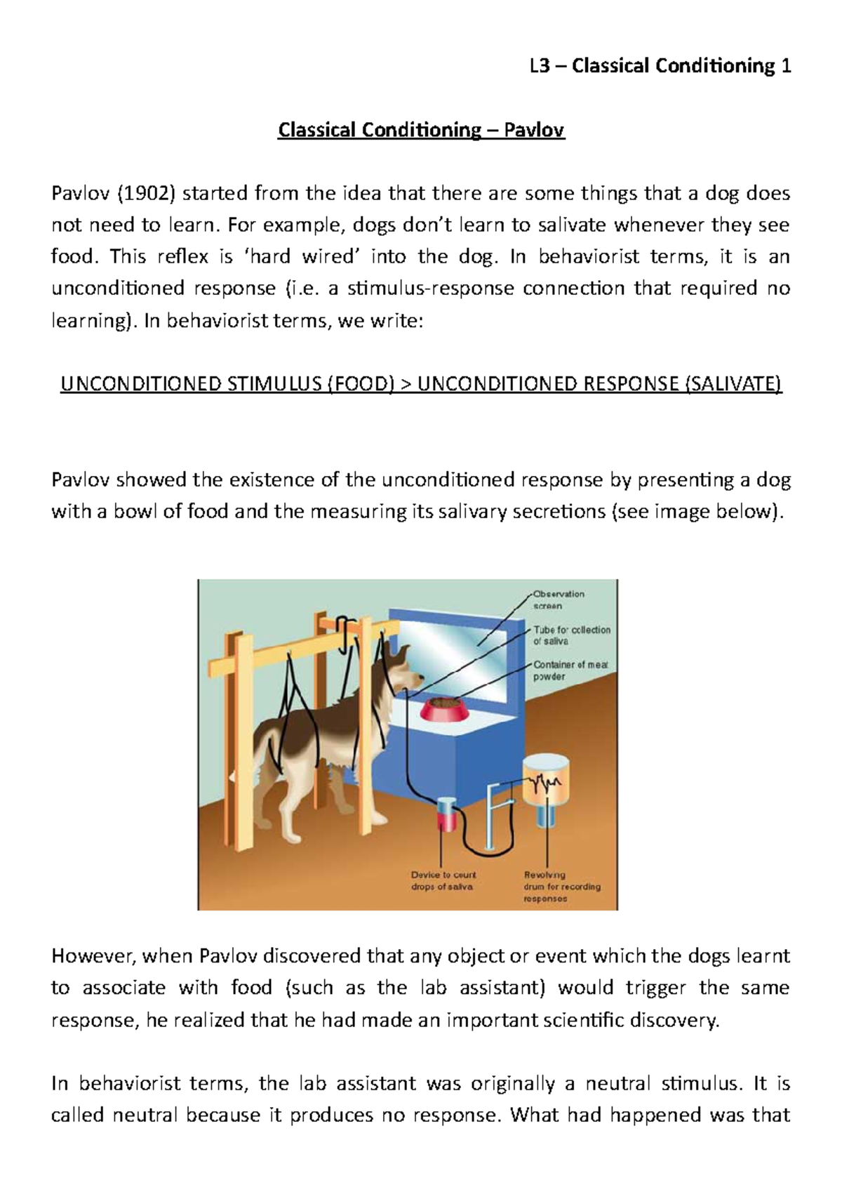N3 – Classical Conditioning 1 - For example, dogs don’t learn to ...