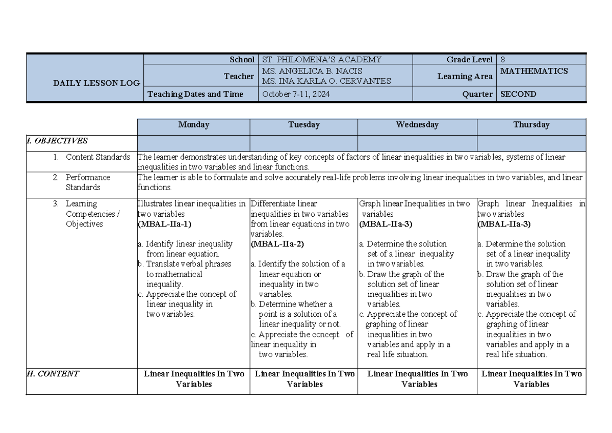 DLL MATH 8 2Q. WEEK 1 - daily lesson log - DAILY LESSON LOG School ST ...