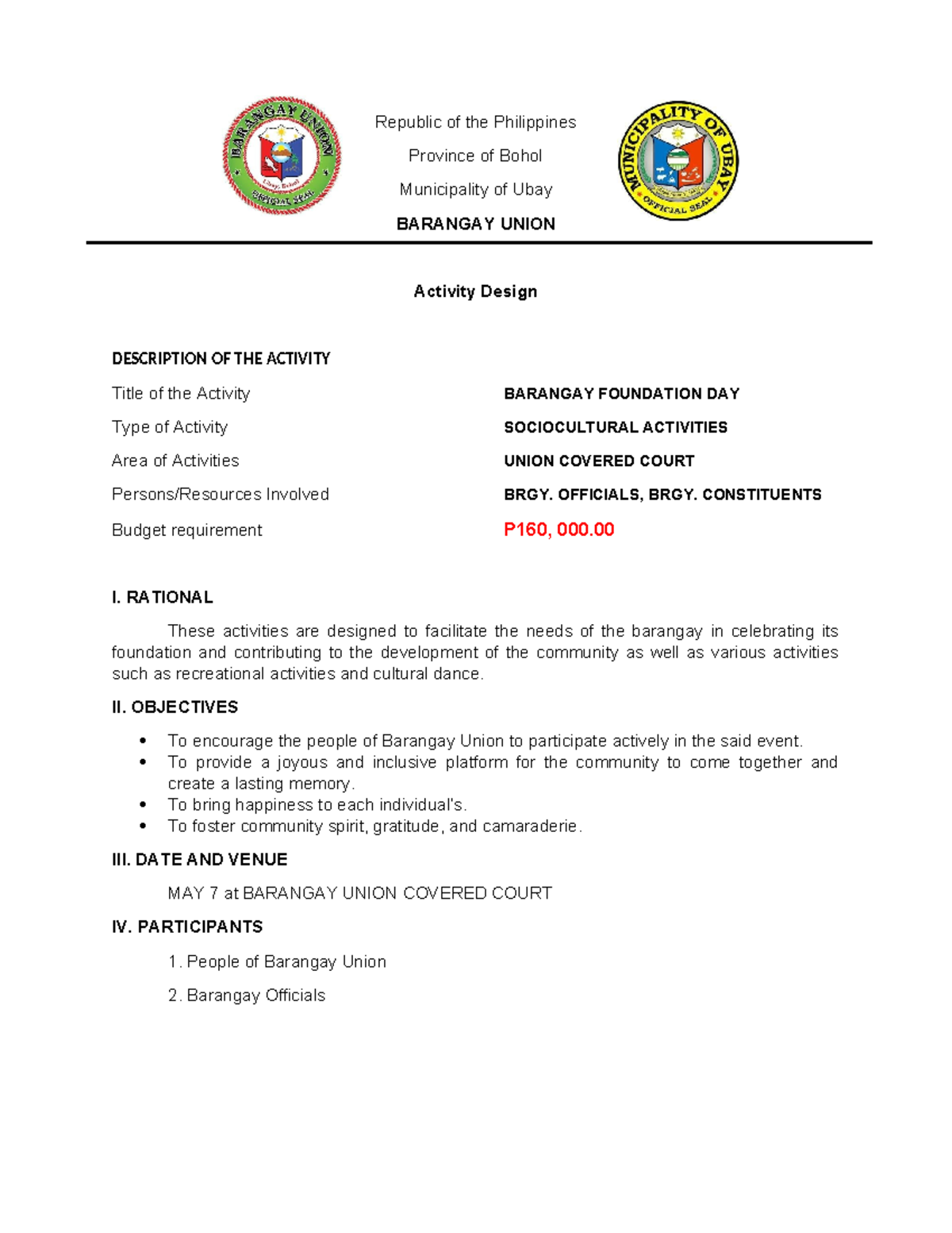 Activity design - SSS - Republic of the Philippines Province of Bohol ...