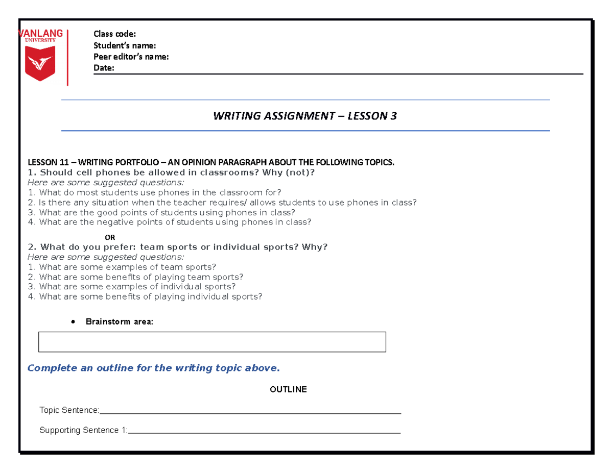 Writing assignment - lesson 16- AN Opinion Paragraph - choose 1 of the ...