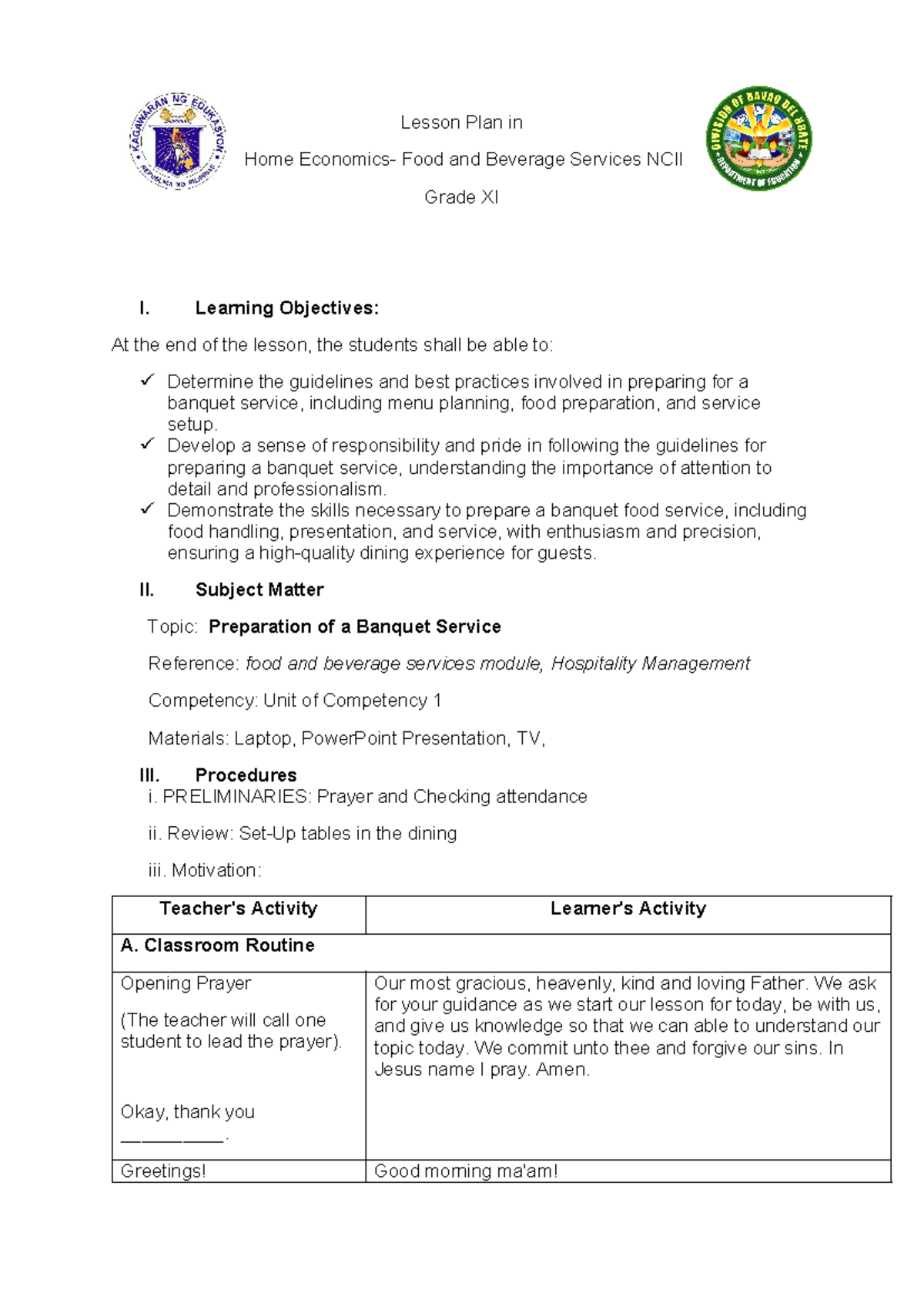 Banquet Set-Up Style - TVL-HE_FBS NCII - Lesson Plan in Home Economics ...