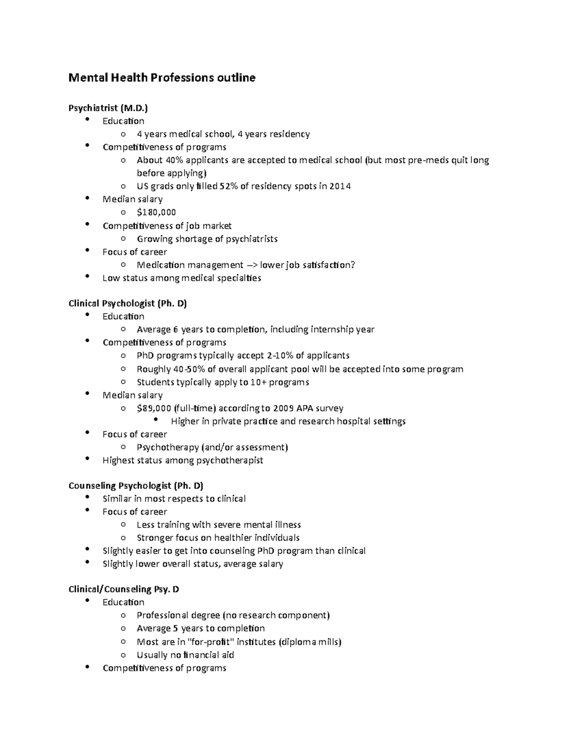 Mental Health Professions Outline - Mental Health Professions outline ...
