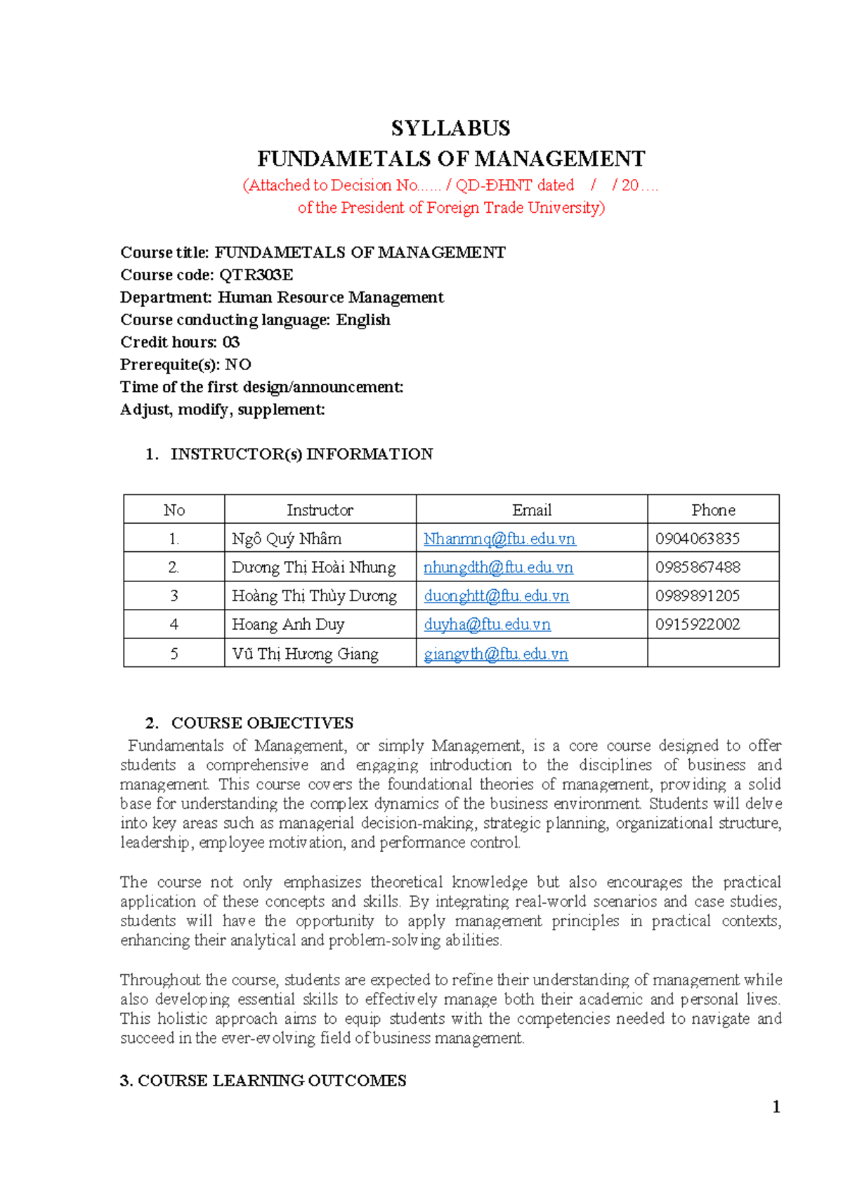 2024 QTR303E Fundamentals of Management - SYLLABUS FUNDAMETALS OF ...