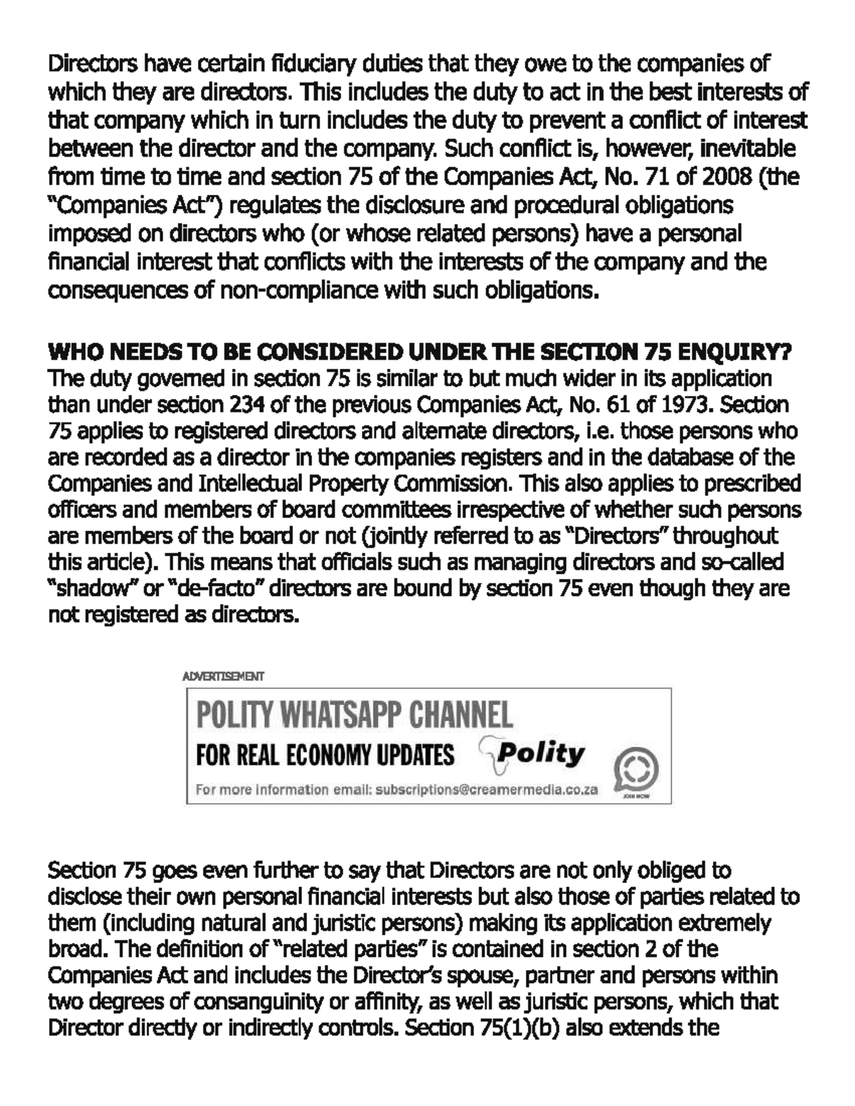 Section 75 - Directors have certain fiduciary duties that they owe to ...