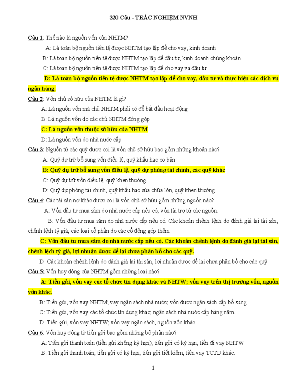 TRAC Nghiem 320 CAU NHTM - 320 Câu - TRẮC NGHIỆM NVNH Câu 1: Thế nào là ...