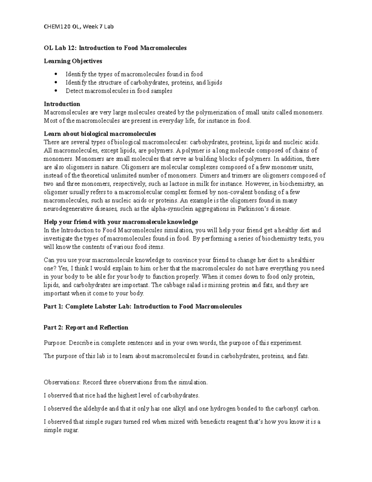 OL Lab 12-Introduction to Food Macromoleculesdone - CHEM120 OL, Week 7 Lab OL Lab 12 ...