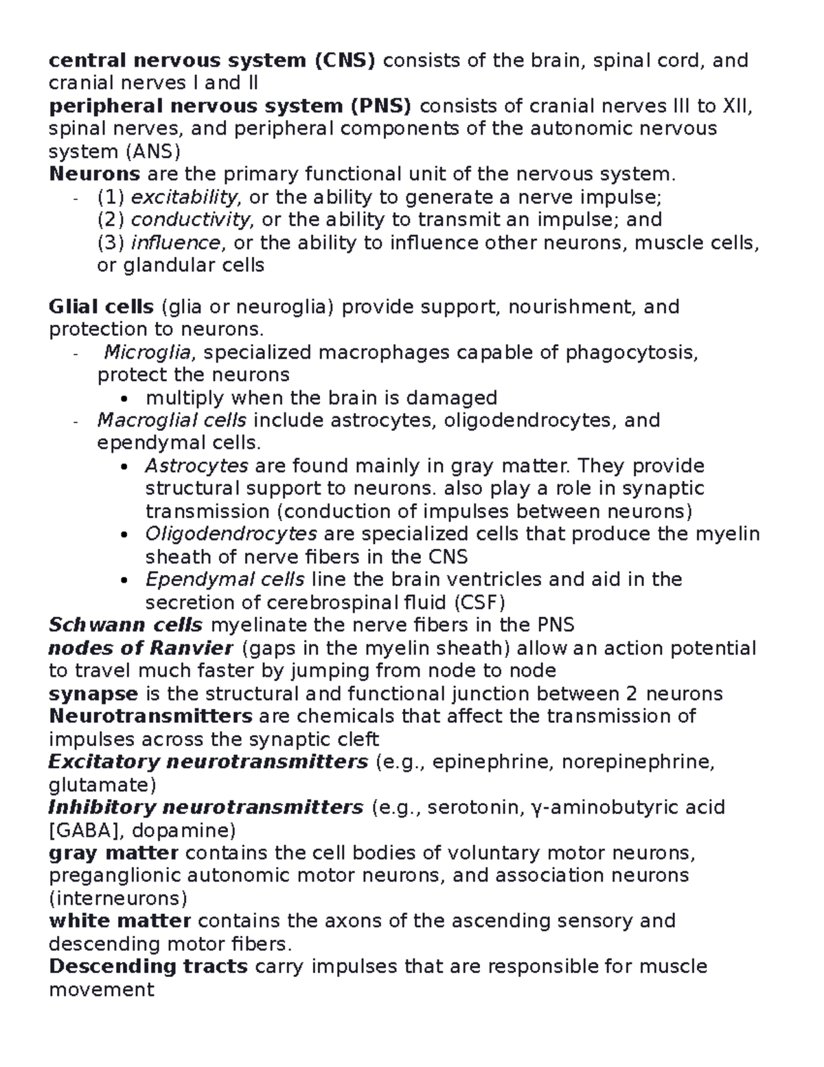 Ch 55 notes from the chapter and lecture - central nervous system (CNS ...