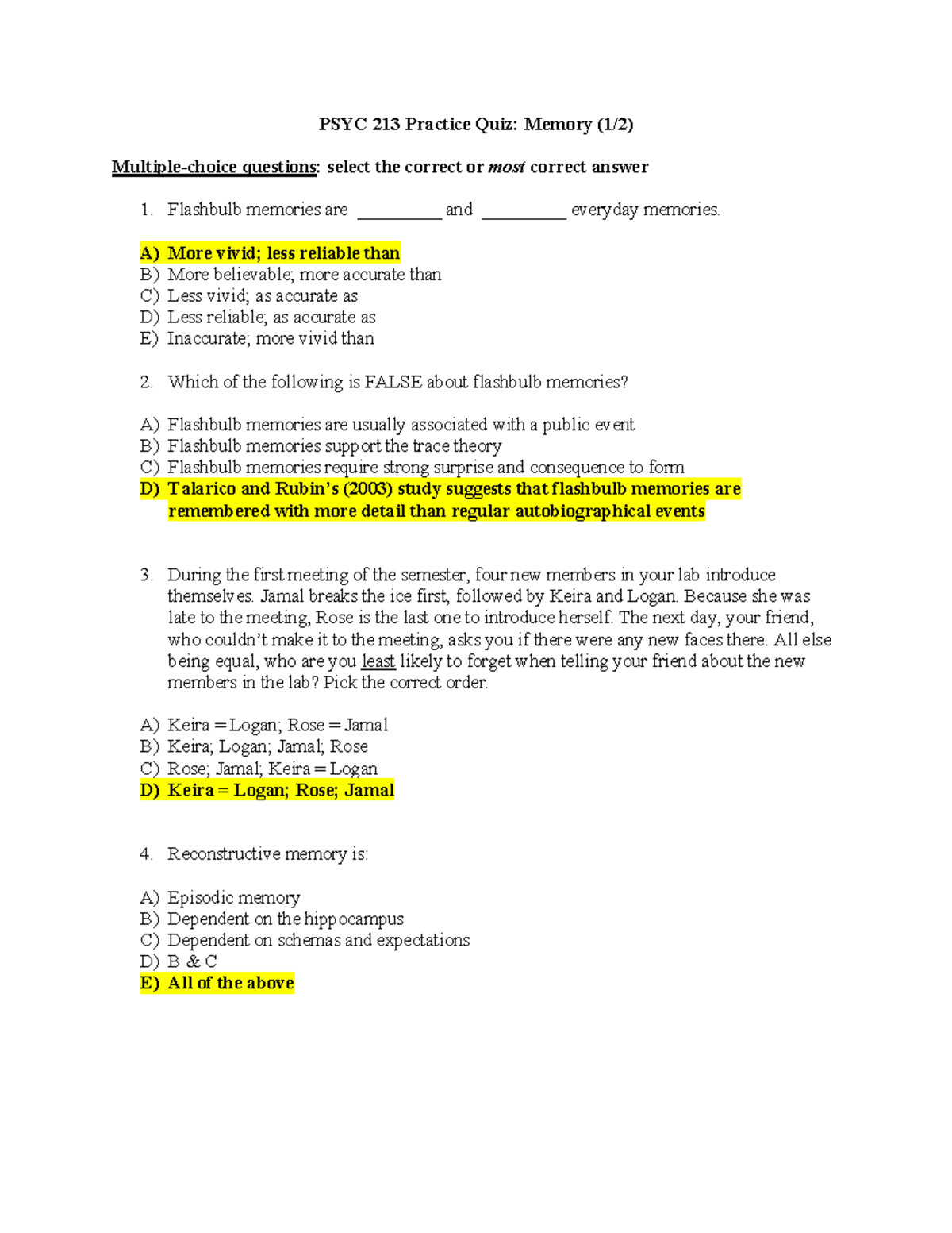 Memory Practice As - Copy - PSYC 213 Practice Quiz: Memory (1/2) Multiple-choice questions ...