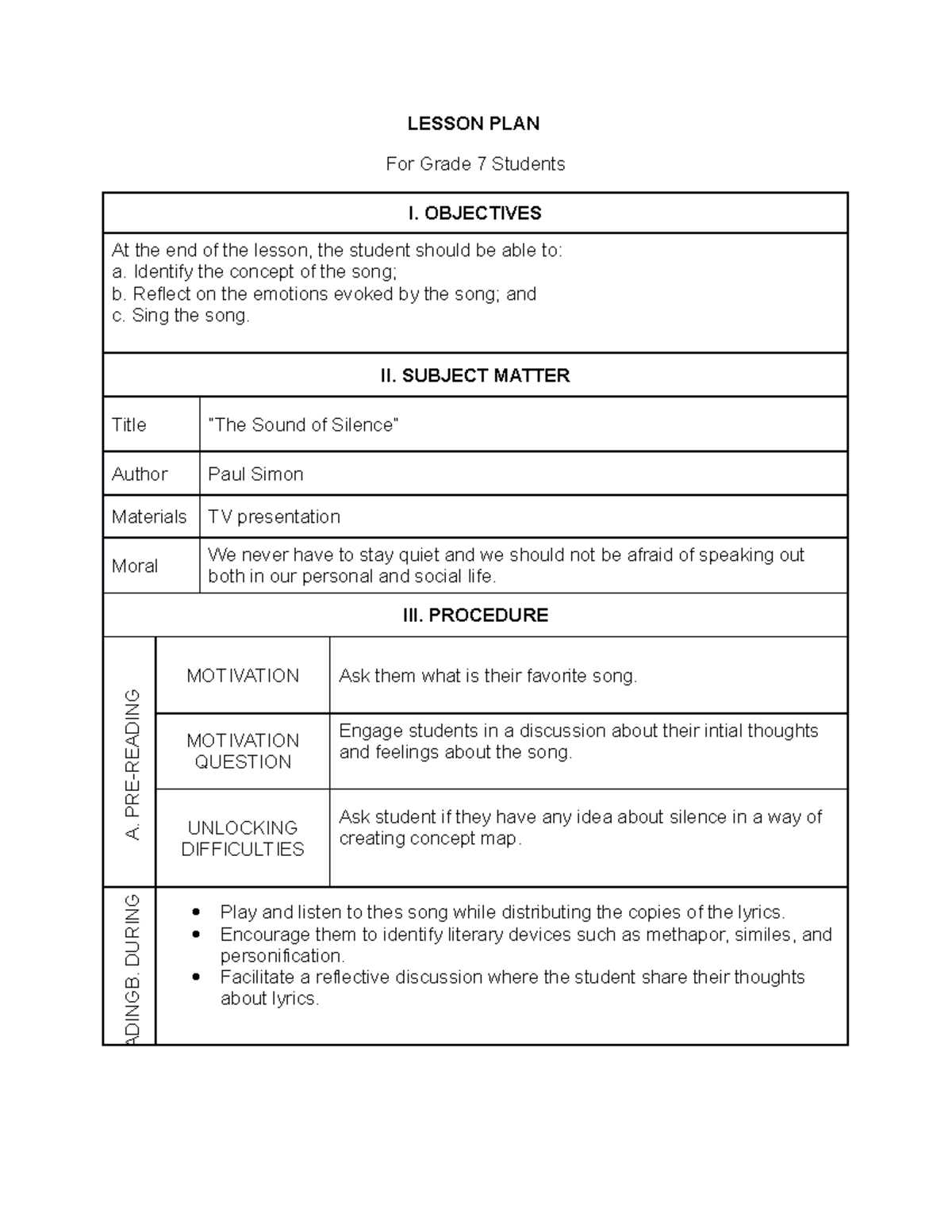 Lesson PLAN - For Grade 7 StudentsLESSON PLAN At the end of the lesson ...