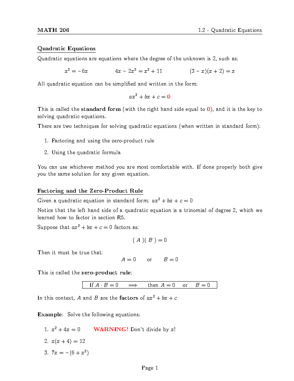 MATH 206 1.2 - Quadratic Equations - MATH 206 1 - Quadratic Equations ...