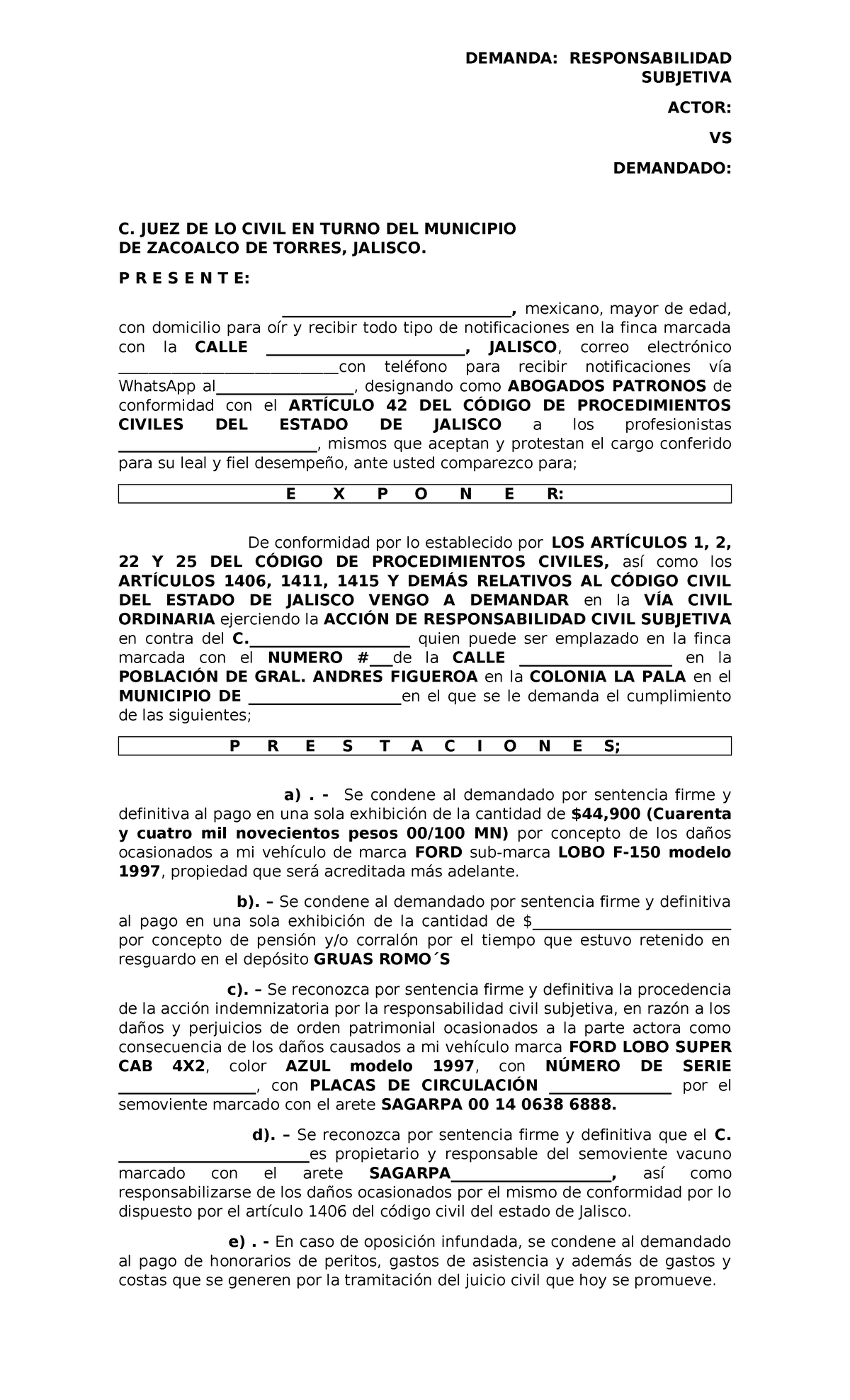 Demanda Civil Subjetiva - copia - DEMANDA: RESPONSABILIDAD SUBJETIVA ...