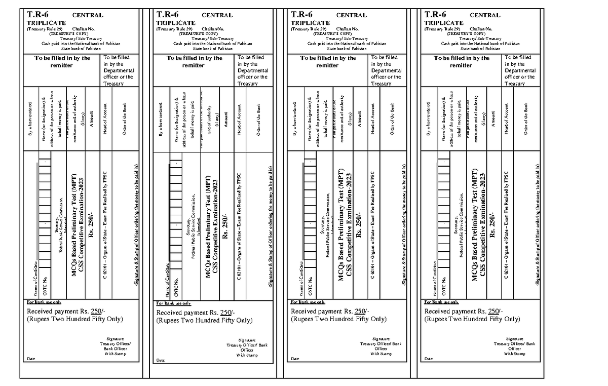 CSS Screening Test Challan Form 2023 - T-6 CENTRAL TRIPLICATE (Treasury ...