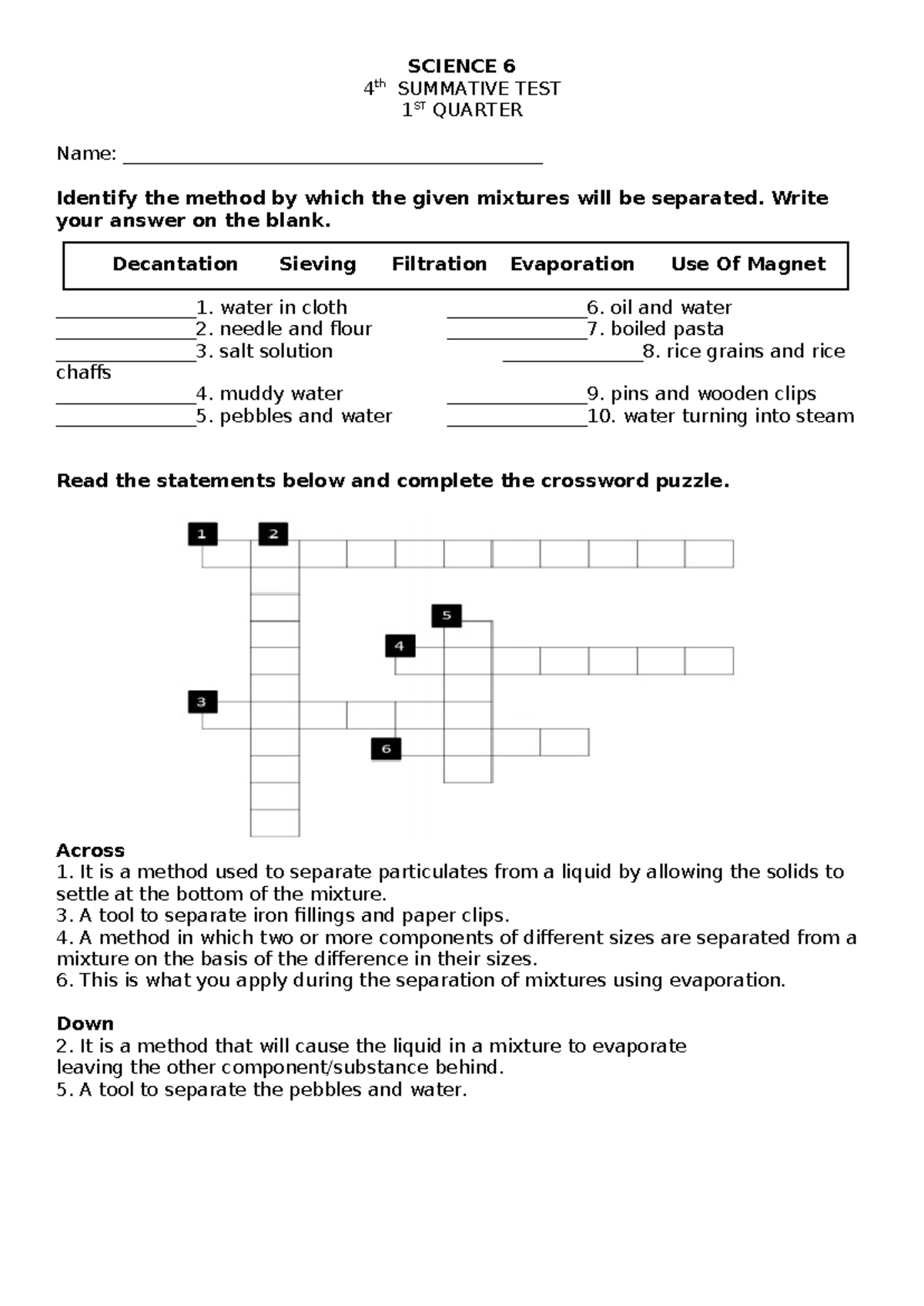 Science - Assessment 4th - SCIENCE 6 4 th SUMMATIVE TEST 1 ST QUARTER ...