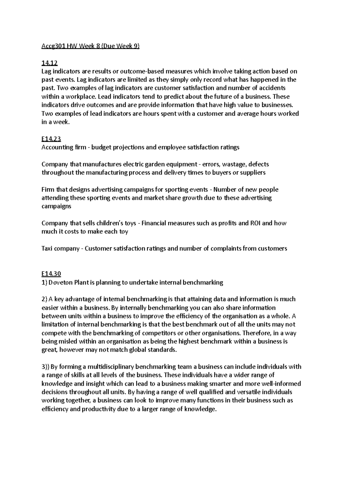 ACCG301 Wk 8 Homework - Accg301 HW Week 8 (Due Week 9) Lag indicators ...