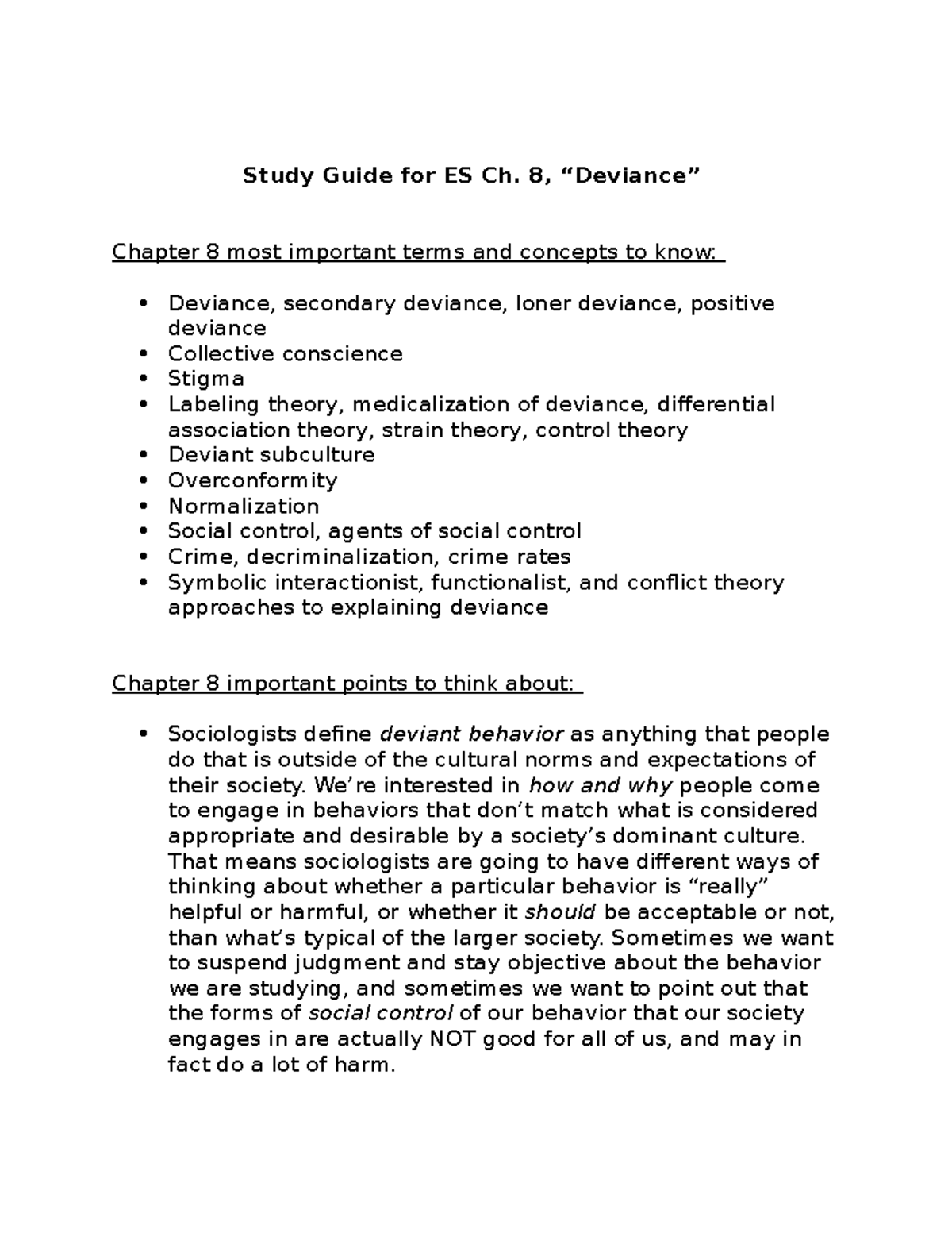 Sociology part 3 - Lecture notes - Study Guide for ES Ch. 8, “Deviance ...