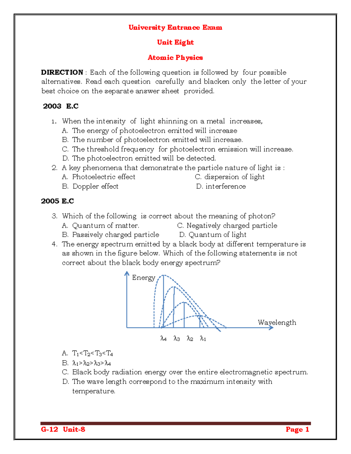 physics-Atomic Physics - G-12 Unit-8 Page 1 University Entrance Exam ...