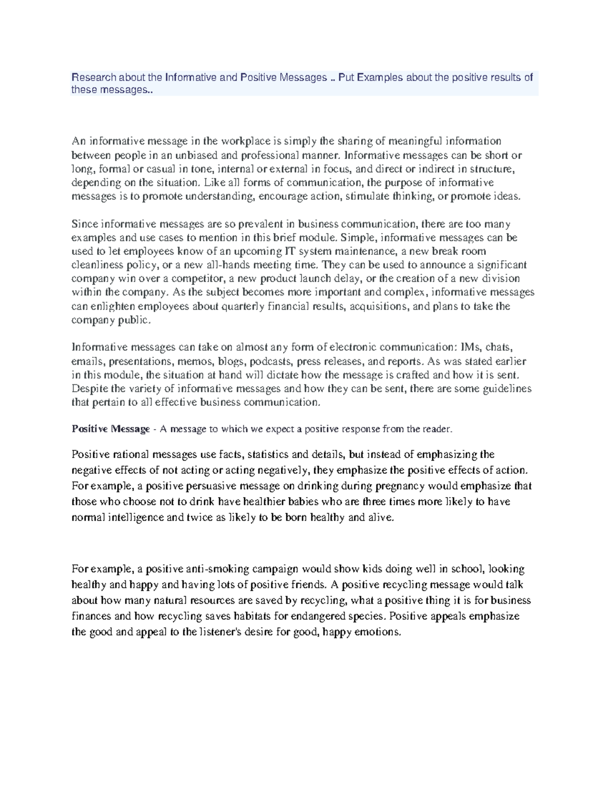 English 2 - ASSIGNMENTS - Research about the Informative and Positive ...