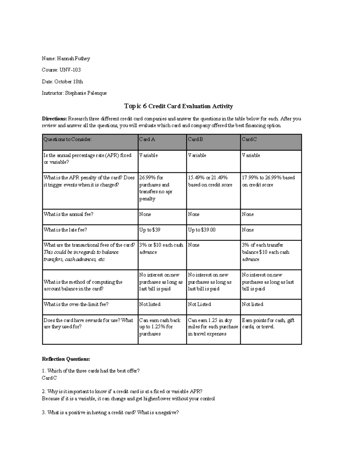 Credit Card Evaluation - After you review and answer all the questions ...