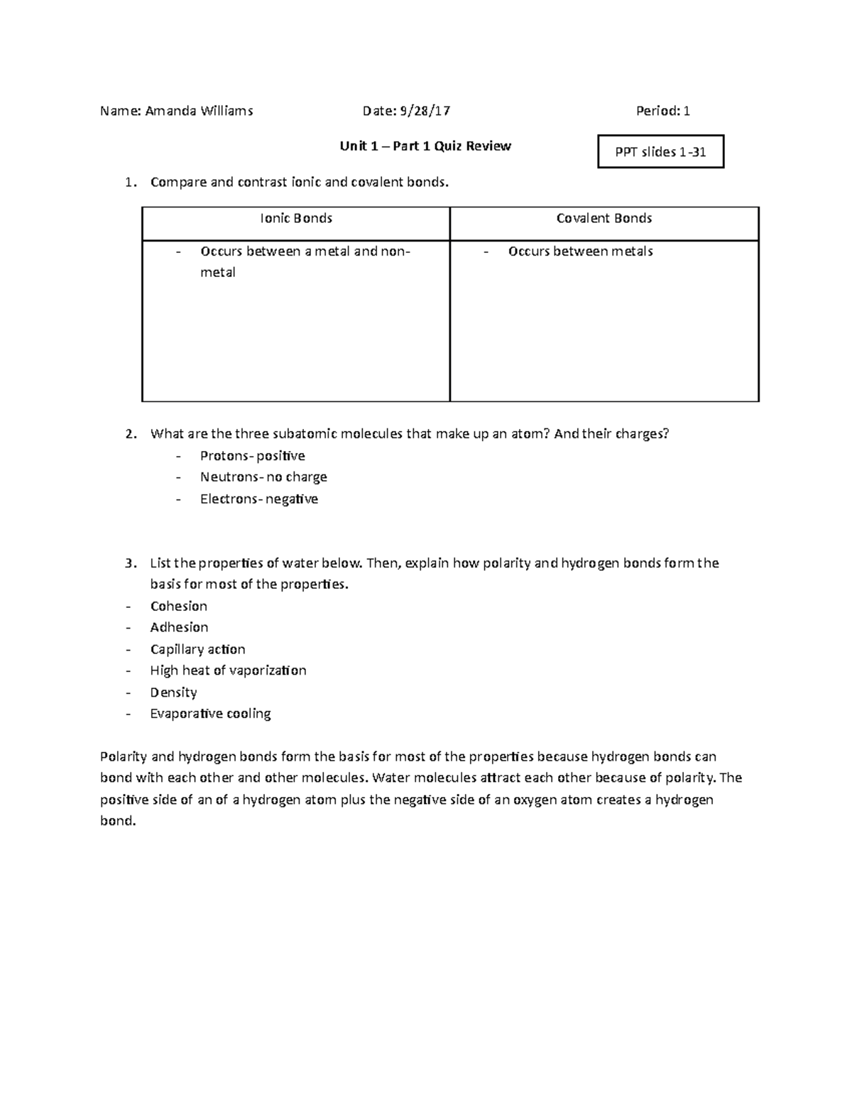 Unit 1 Part 1 Quiz Review 2017 - Name: Amanda Williams Date: 9/28/17 ...