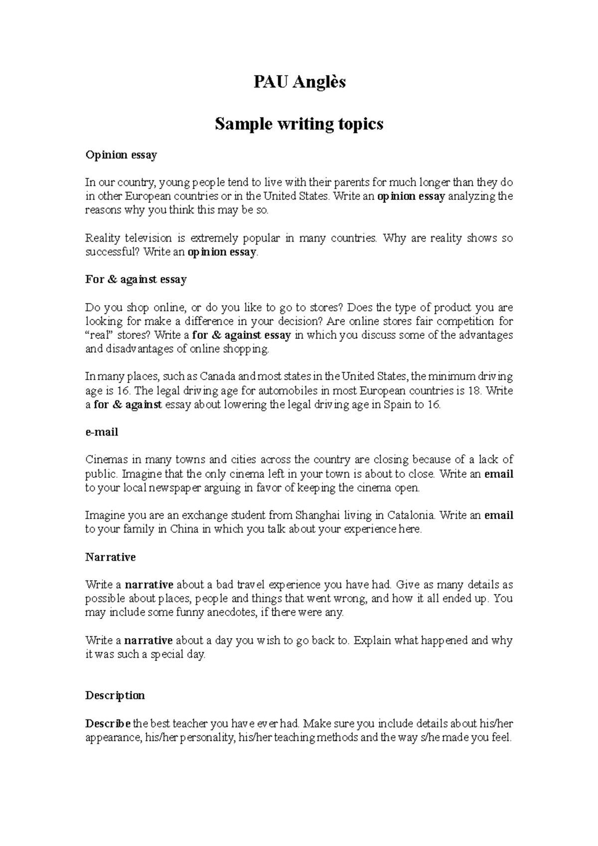 Angles sample writing topics PAU 2024 v2 - PAU Anglès Sample writing ...