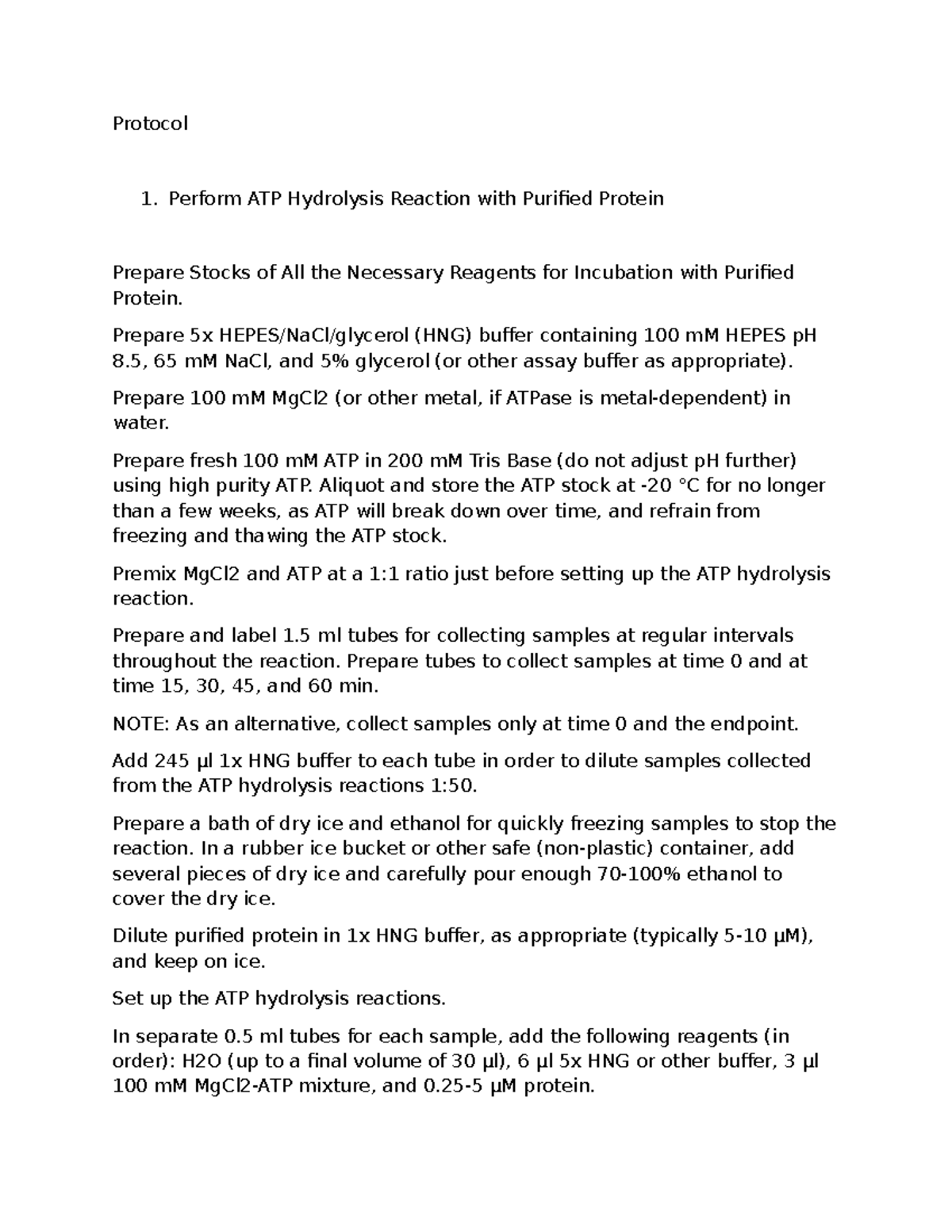 ATPase activity - Agr - Protocol 1. Perform ATP Hydrolysis Reaction ...
