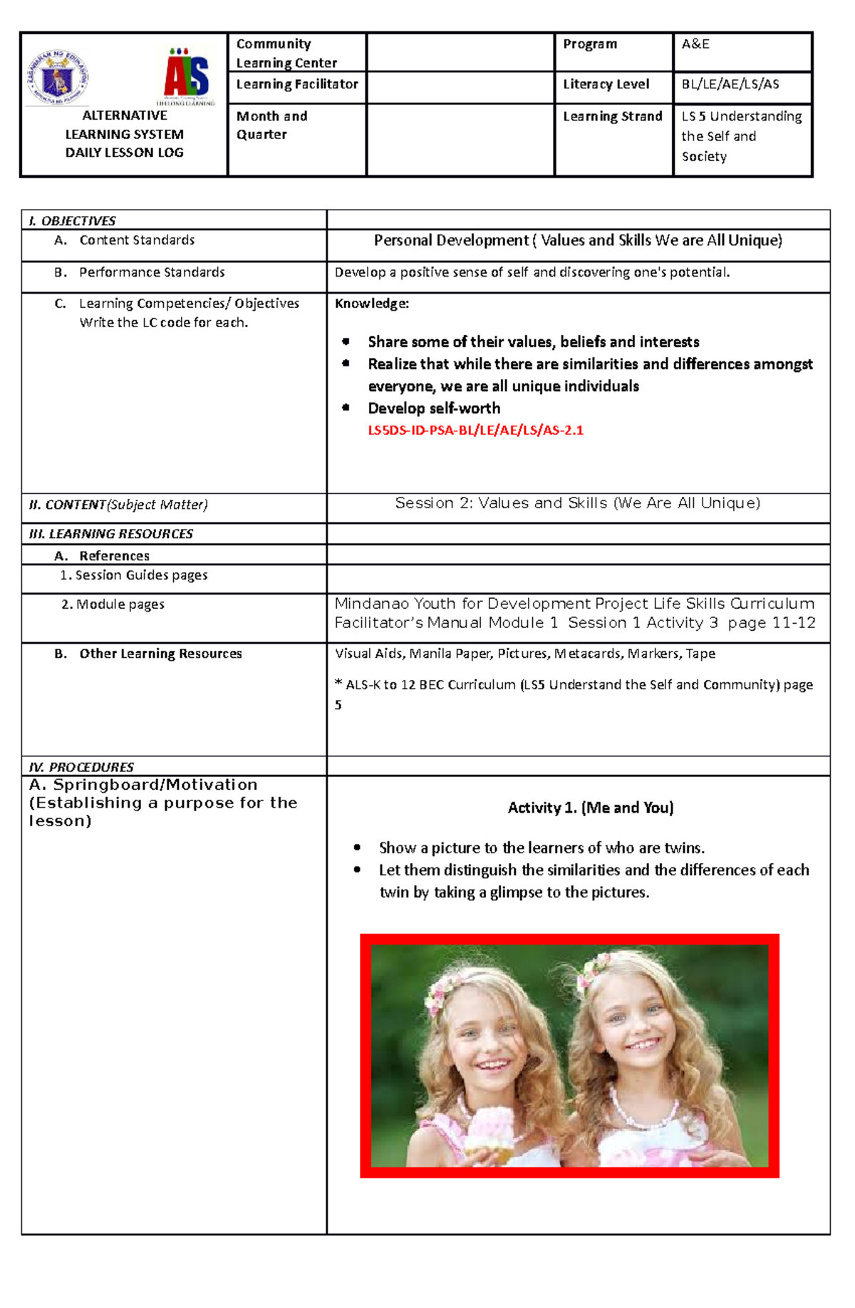Dll My Dev Module 1 Session 1 Activity 3 Alternative Learning System Daily Lesson Log