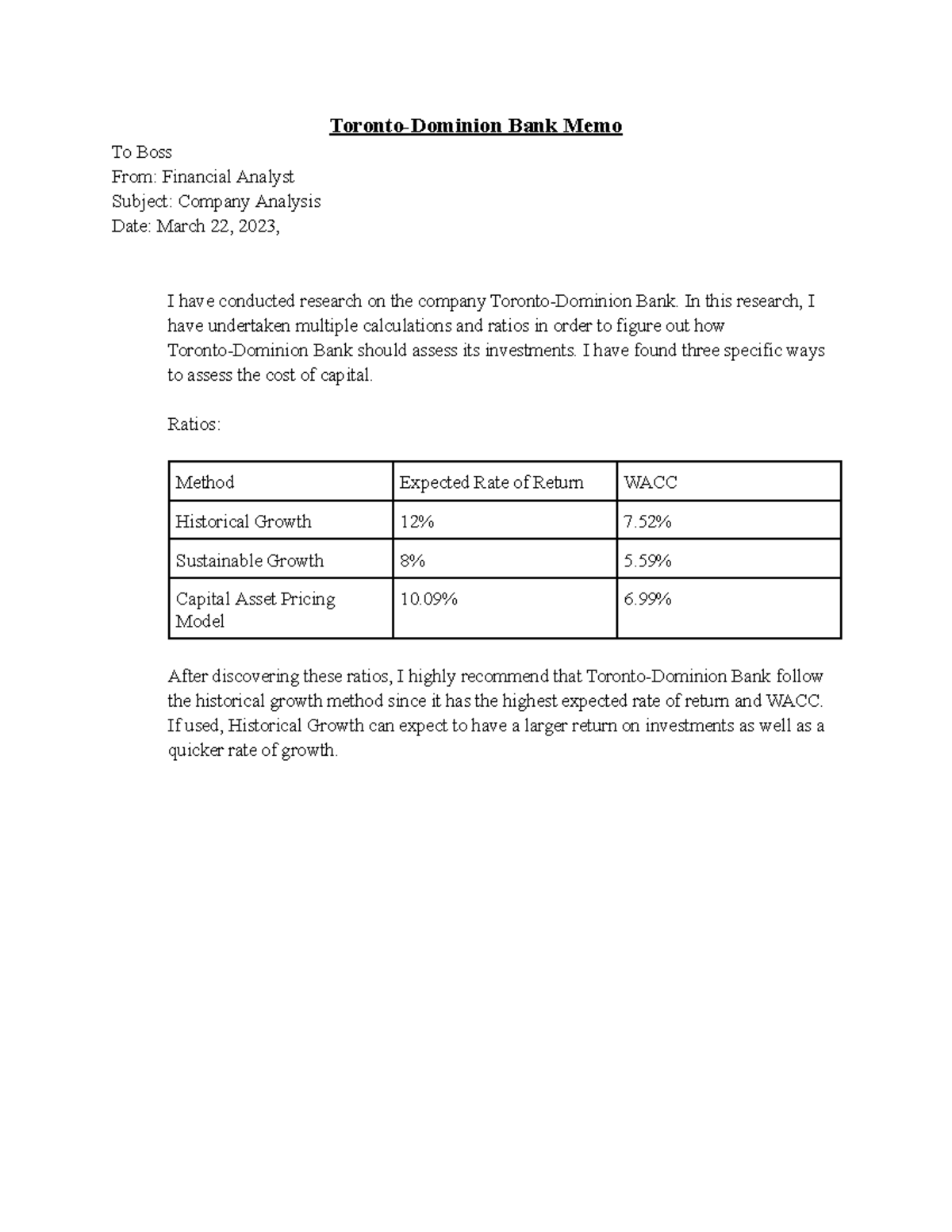 Toronto-Dominion Bank Memo - In this research, I have undertaken ...