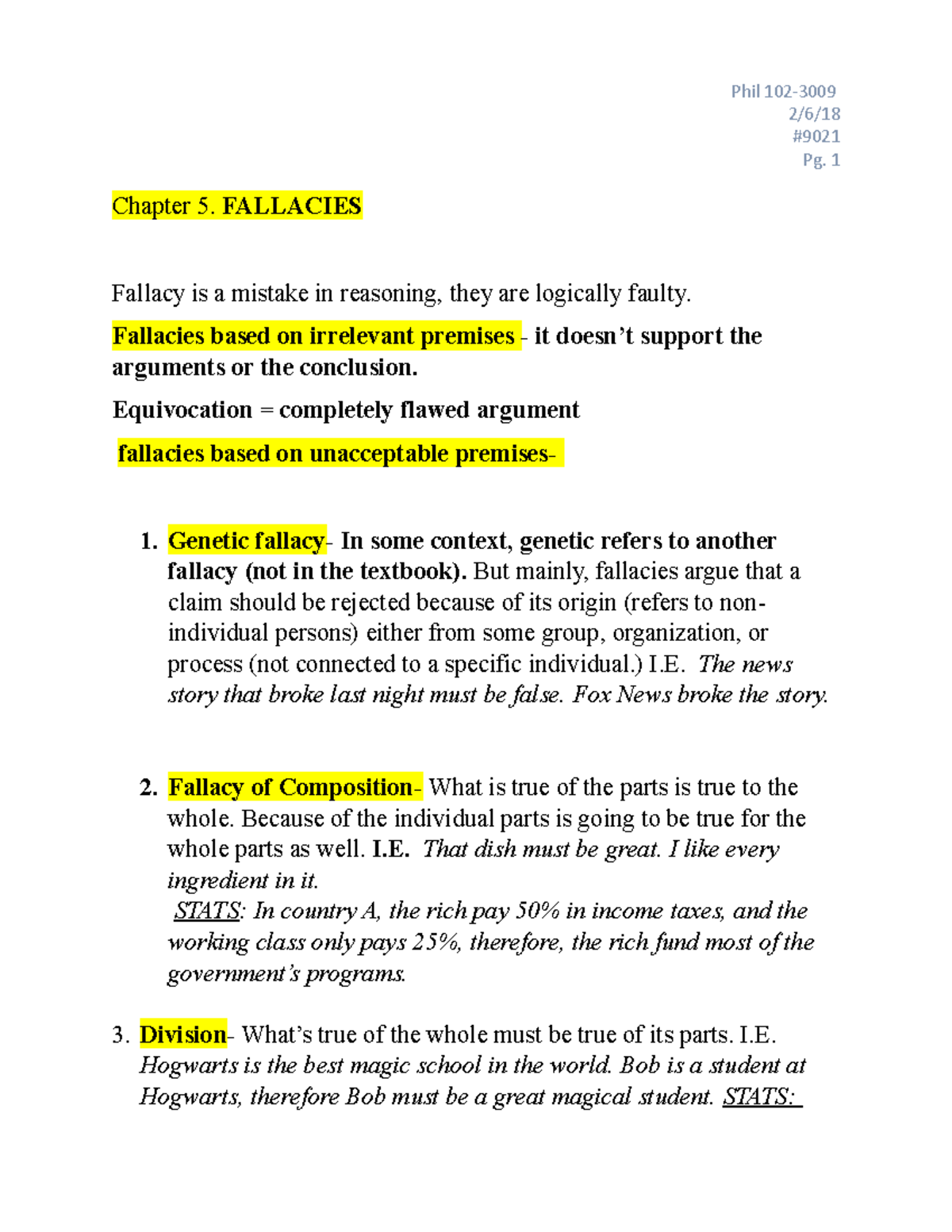 Fallacies Philosophy - Phil 102-3009 2/6/18 #9021 Pg. 1 Chapter 5 ...
