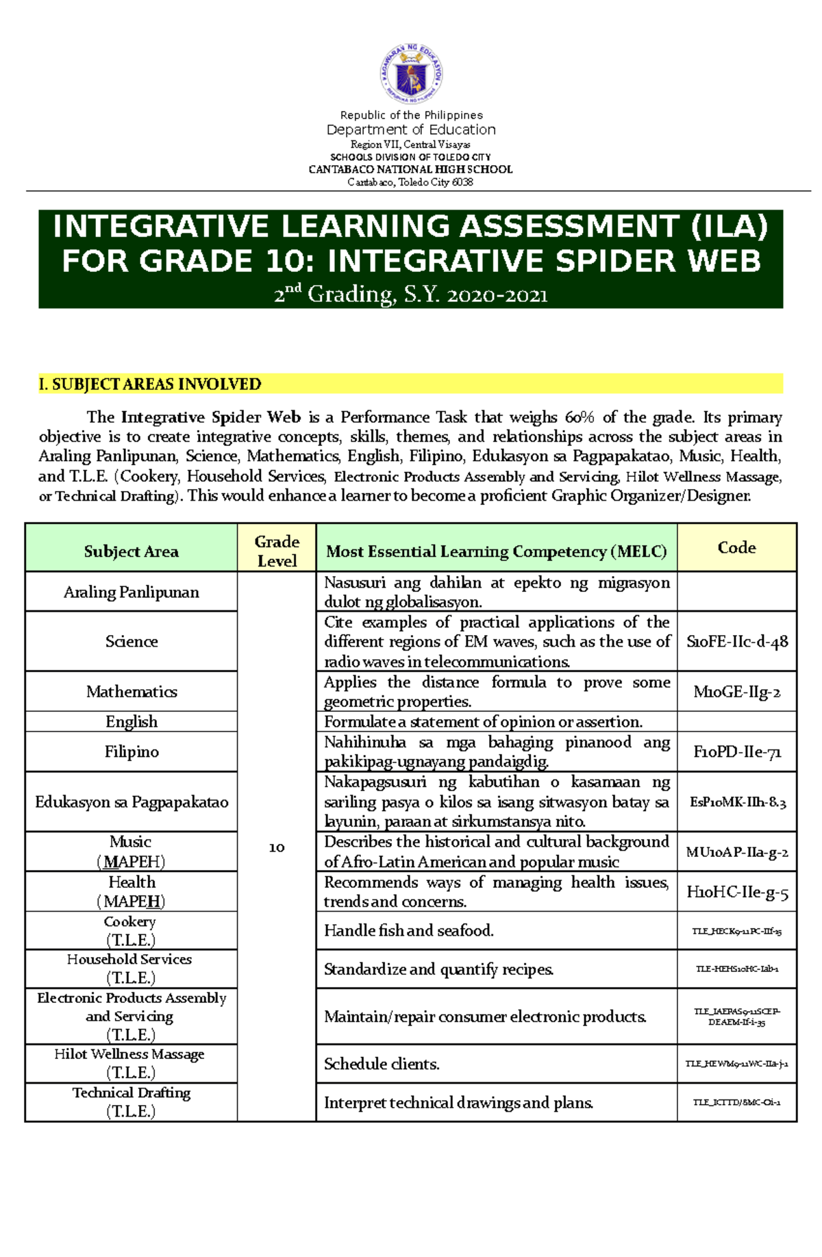 Integrative-Learning-Assessment-ILA Grade-10 Q2 S - Republic of the ...