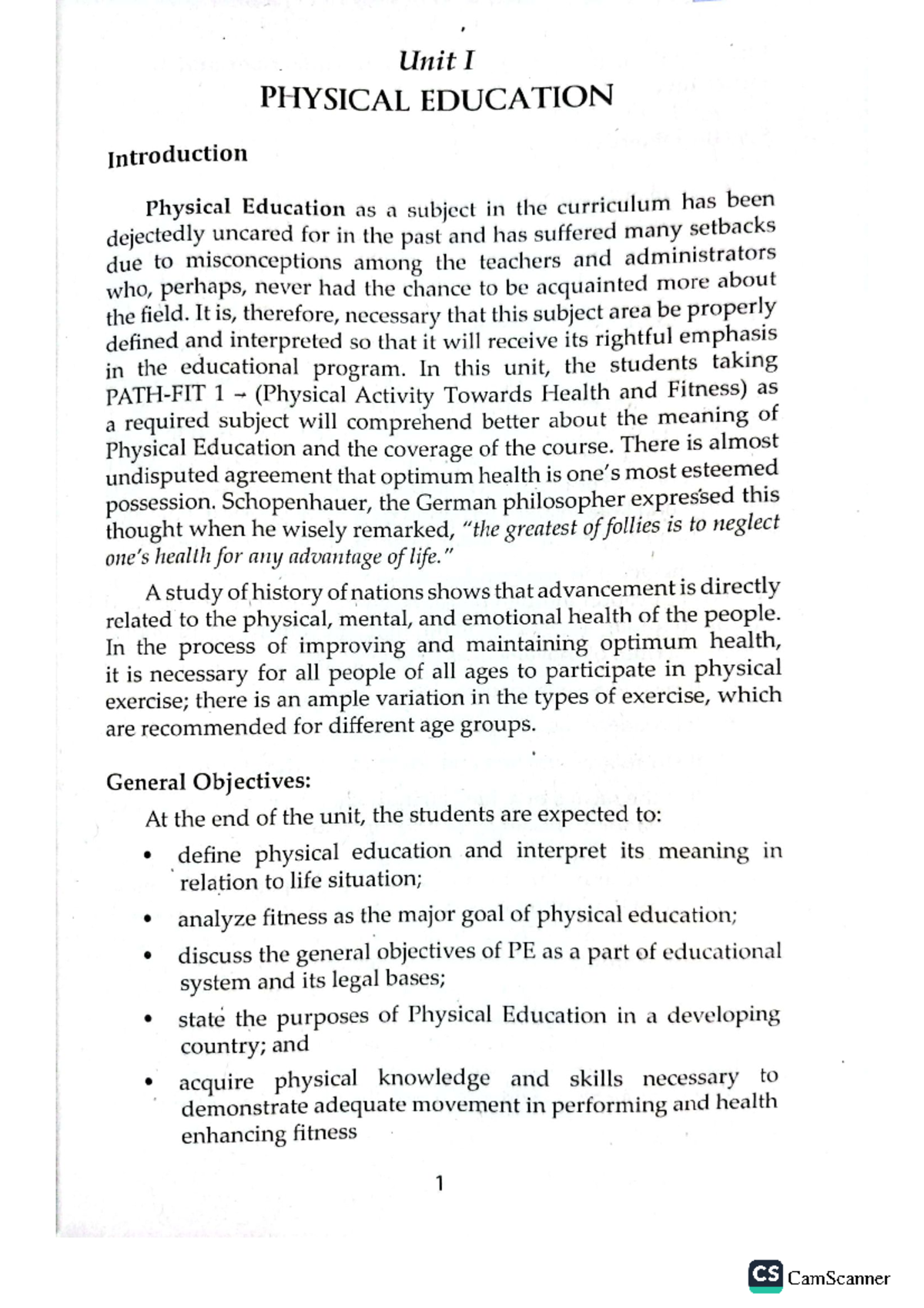 PE 1- Lesson 1 - Good to read - Unit I PHYSICAL EDUCATION Introduction Physical Education as a ...