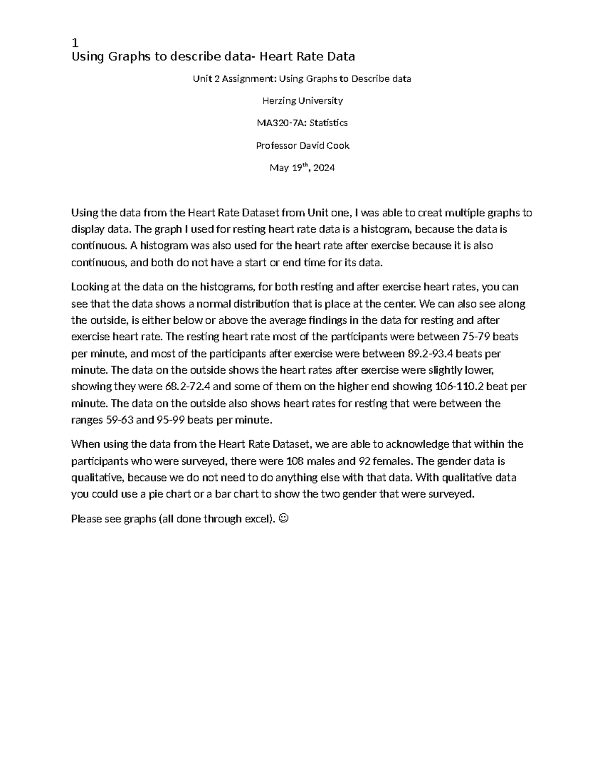 Unit 2 - stats work - 1 Using Graphs to describe data- Heart Rate Data Unit 2 Assignment: Using ...