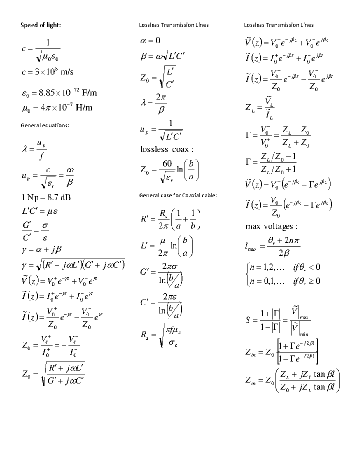 important equations ver01 - Speed of light: 3 10 m/s 1 8 0 0 c c 4 10 H ...