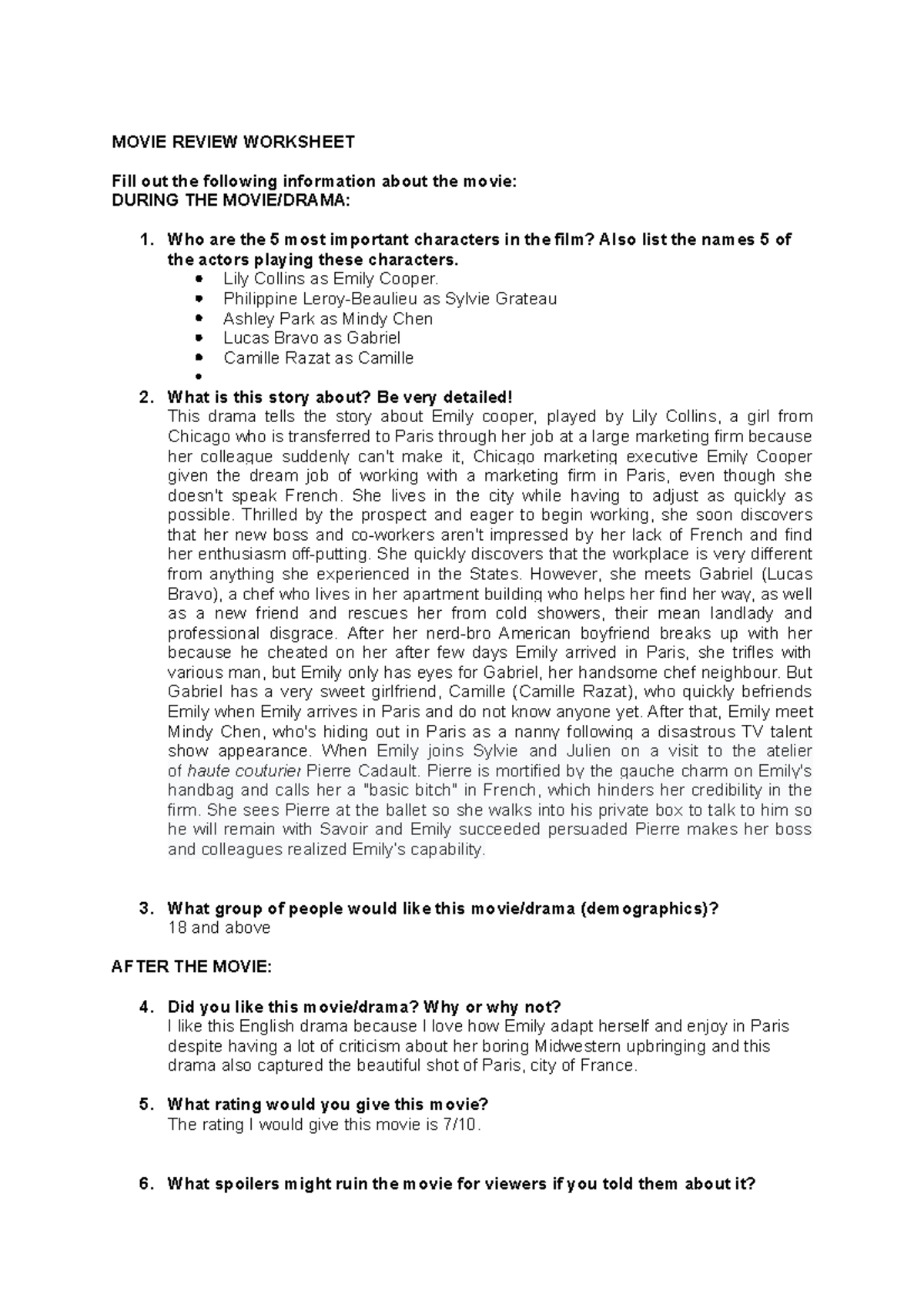 ELC Worksheet - movie review - MOVIE REVIEW WORKSHEET Fill out the ...