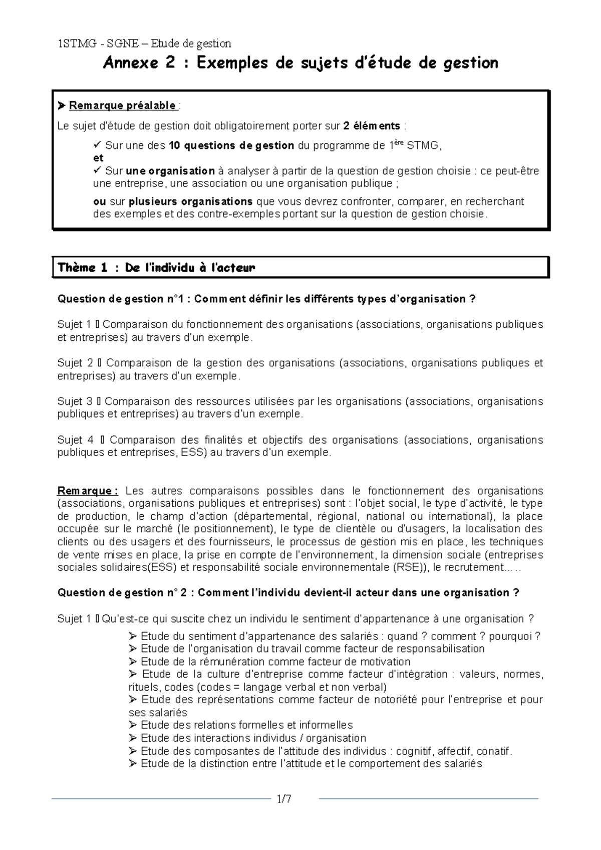 Annexe 2 exemples de sujets d étude de gestion - Annexe 2 : Exemples de sujets d’étude de ...