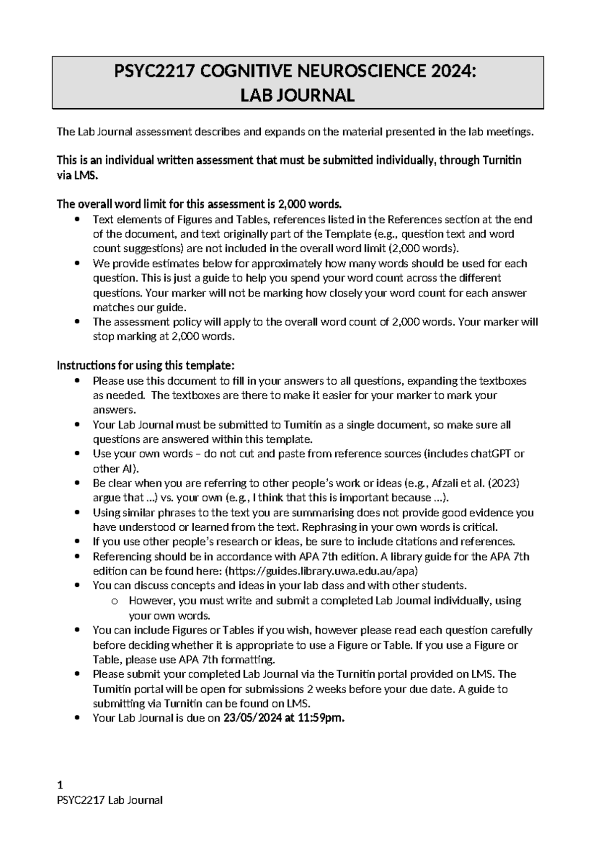 Lab Journal Template - PSYC2217 COGNITIVE NEUROSCIENCE 2024: LAB JOURNAL The Lab Journal ...