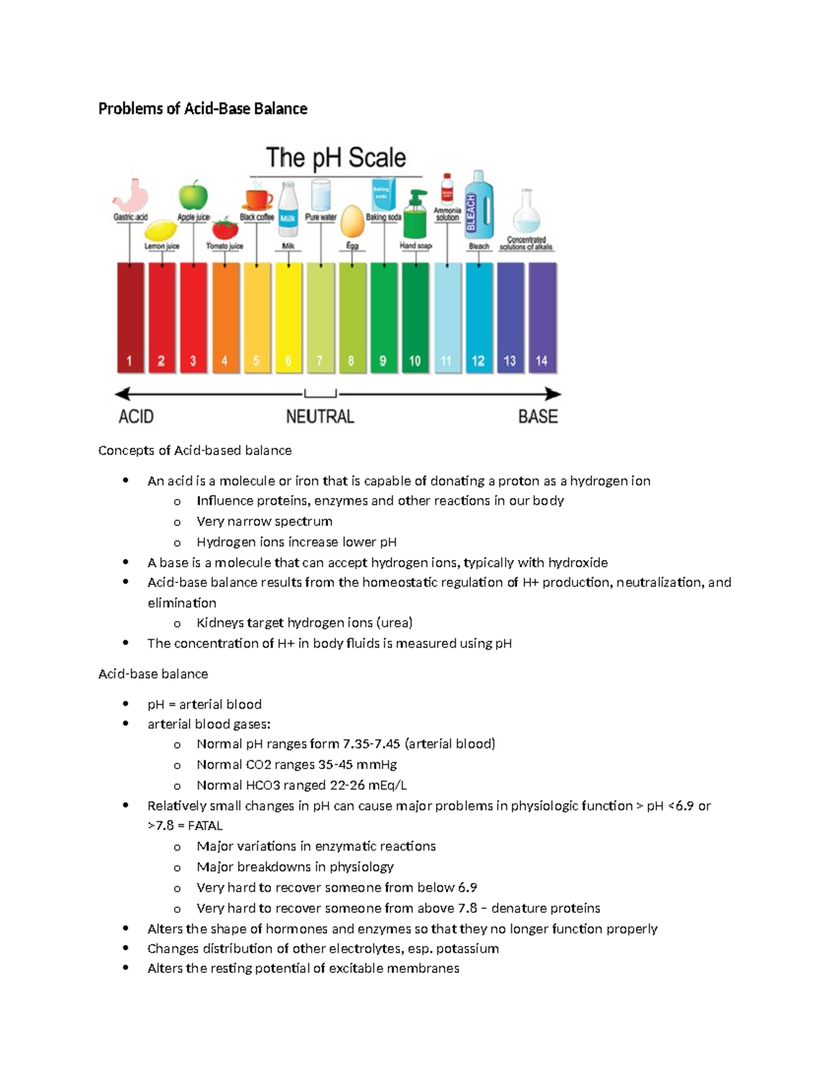 Study guide for Med-surg test 1 - Problems of Acid-Base Balance ...