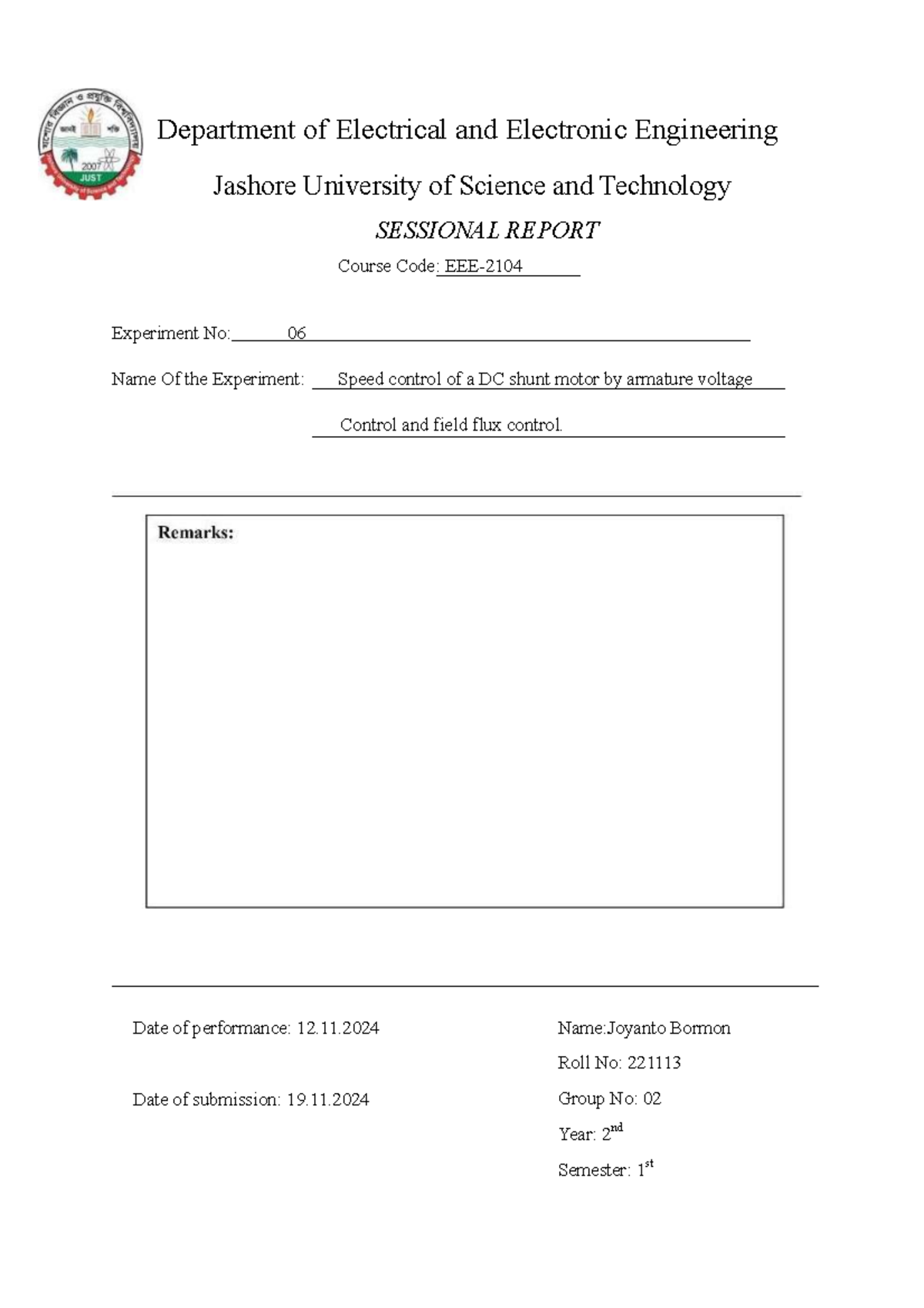 Machines lab 06 - Lab report - Department of Electrical and Electronic ...