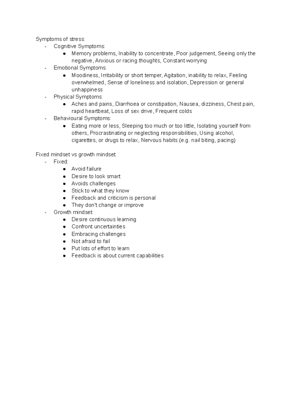 Week 12 Lecutre Notes Symptoms Of Stress Cognitive Symptoms Memory Problems Inability