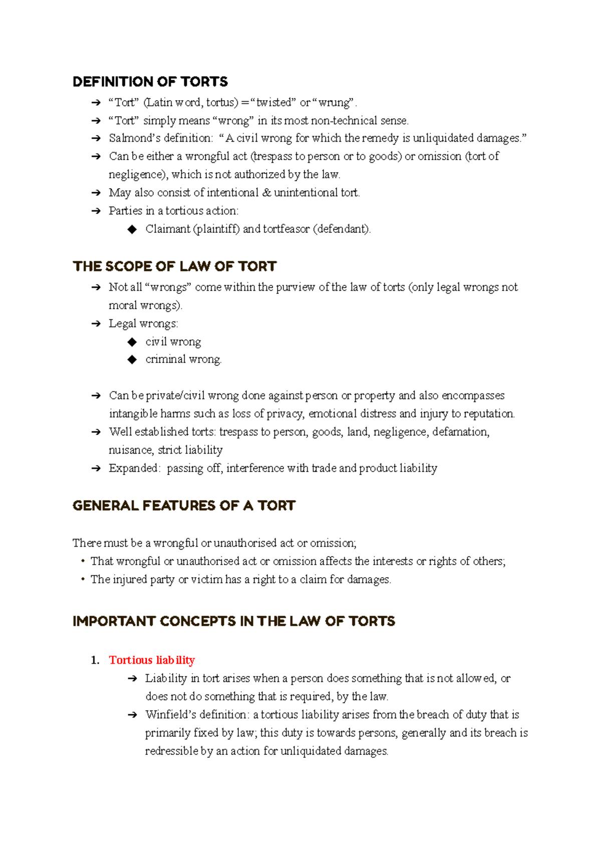 General Characteristics Of Tortious Liability Definition Of Torts