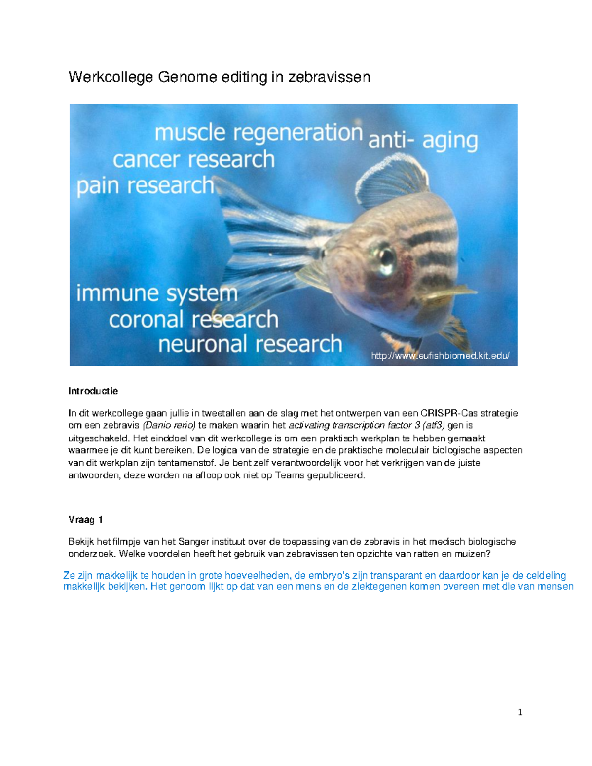 Werkcollege 1 B09GEN genome editing zebravis 22-23 WC1 - Werkcollege ...