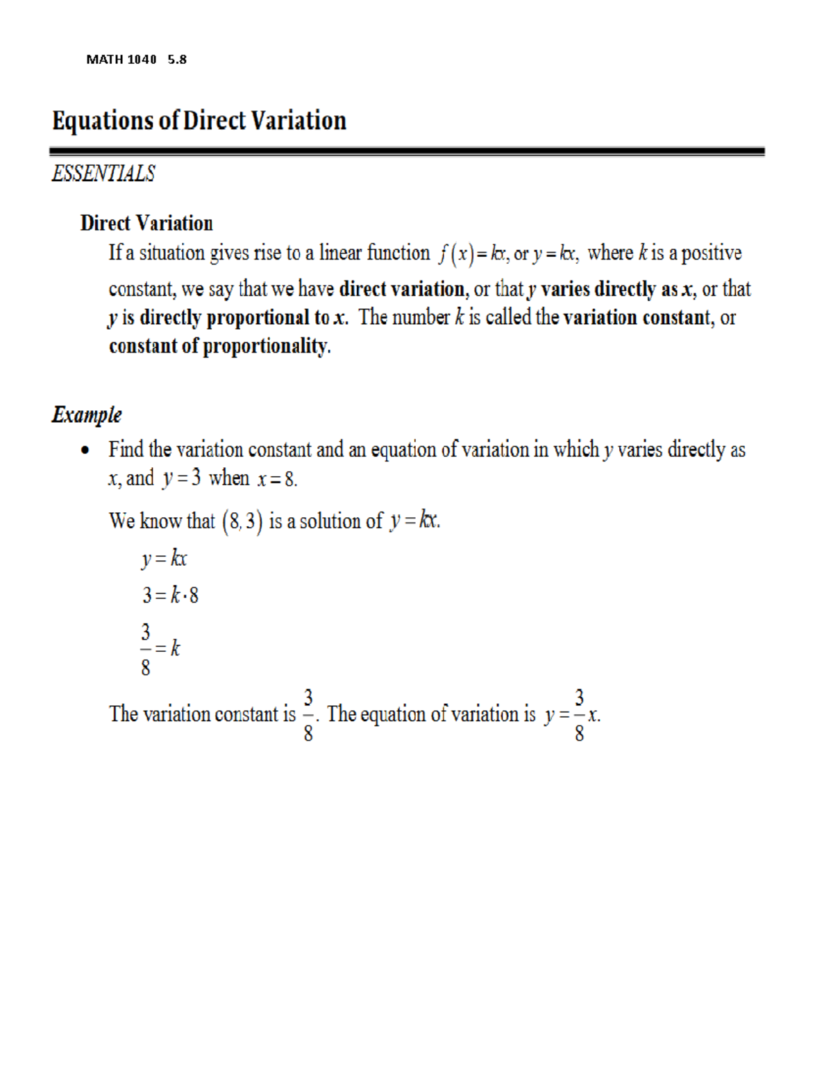 5.8 lecture notes- variations - MATH 1040 5 Equations of Direct ...
