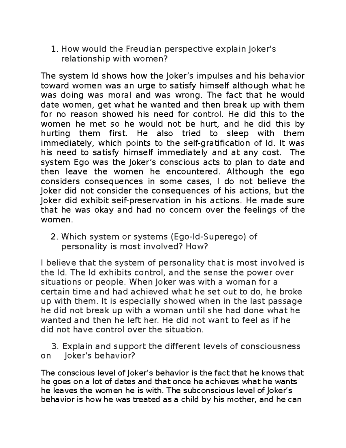 Freudian perspective - the Joker - 1. How would the Freudian ...