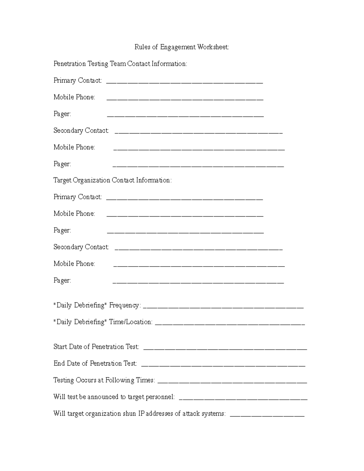 2501 - Rules of Engagement Worksheet: Penetration Testing Team Contact ...