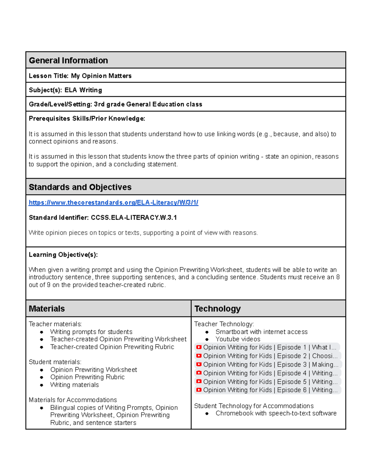 C365 Task1 - Lesson plan - General Information Lesson Title: My Opinion ...
