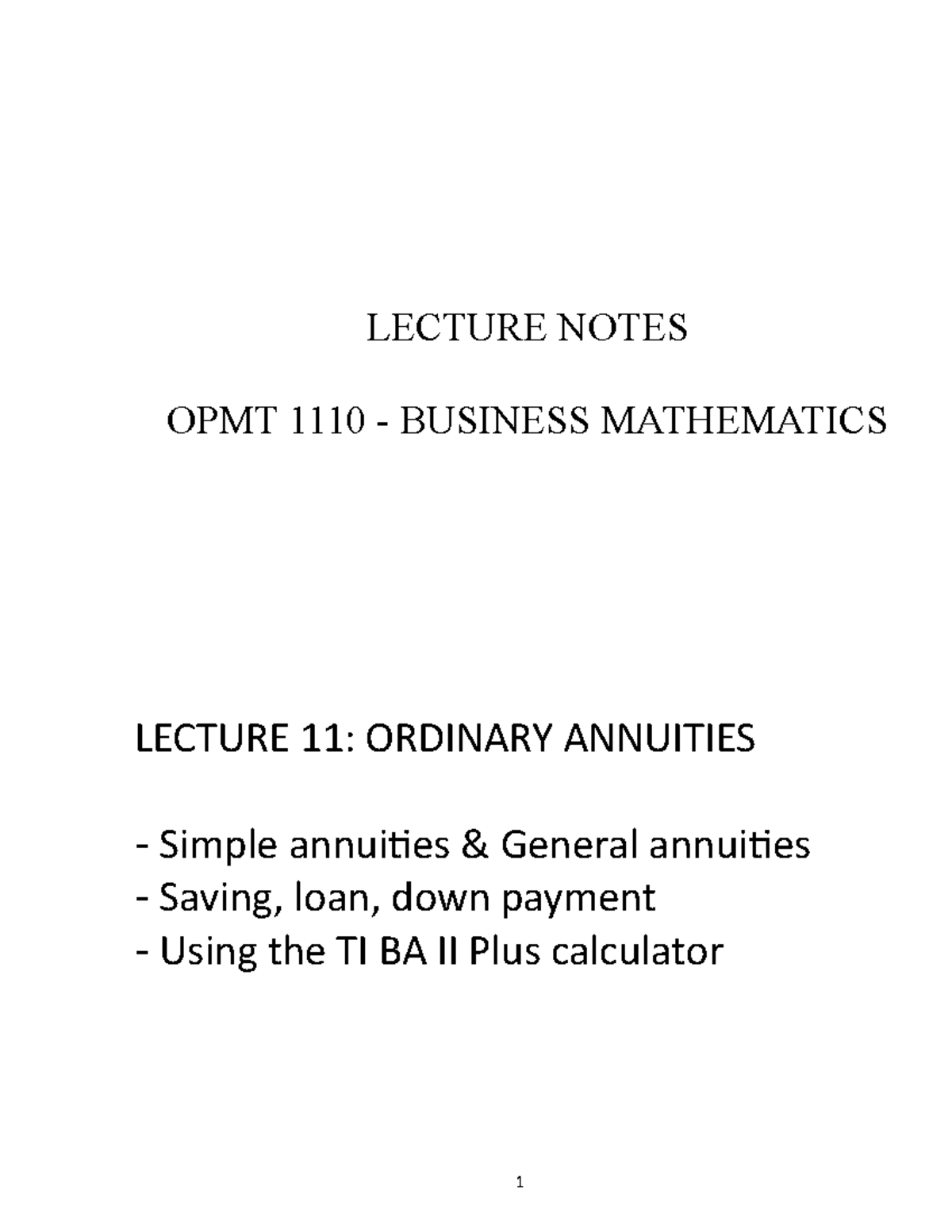 OPMT1110 Fall2020Lecture 11,Business Mathematics - LECTURE NOTES OPMT ...