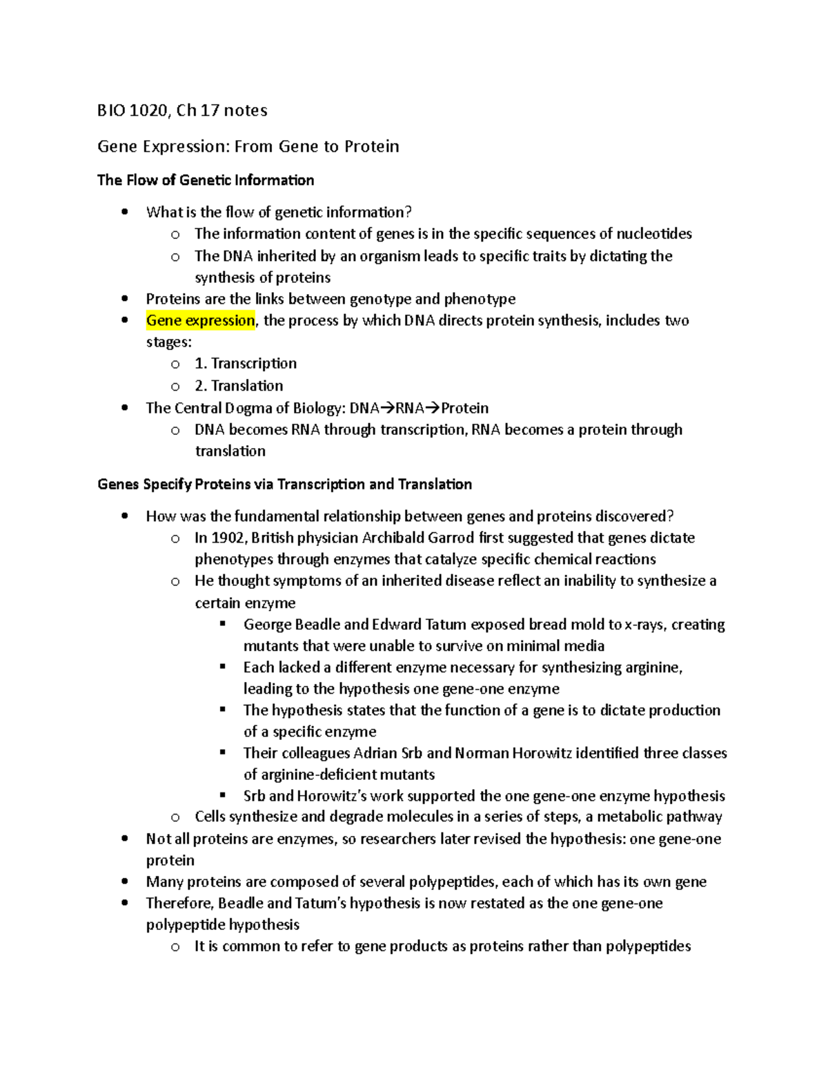 BIO 1020 Ch 17 notes - Dr. Meghan Kelley - BIO 1020, Ch 17 notes Gene ...