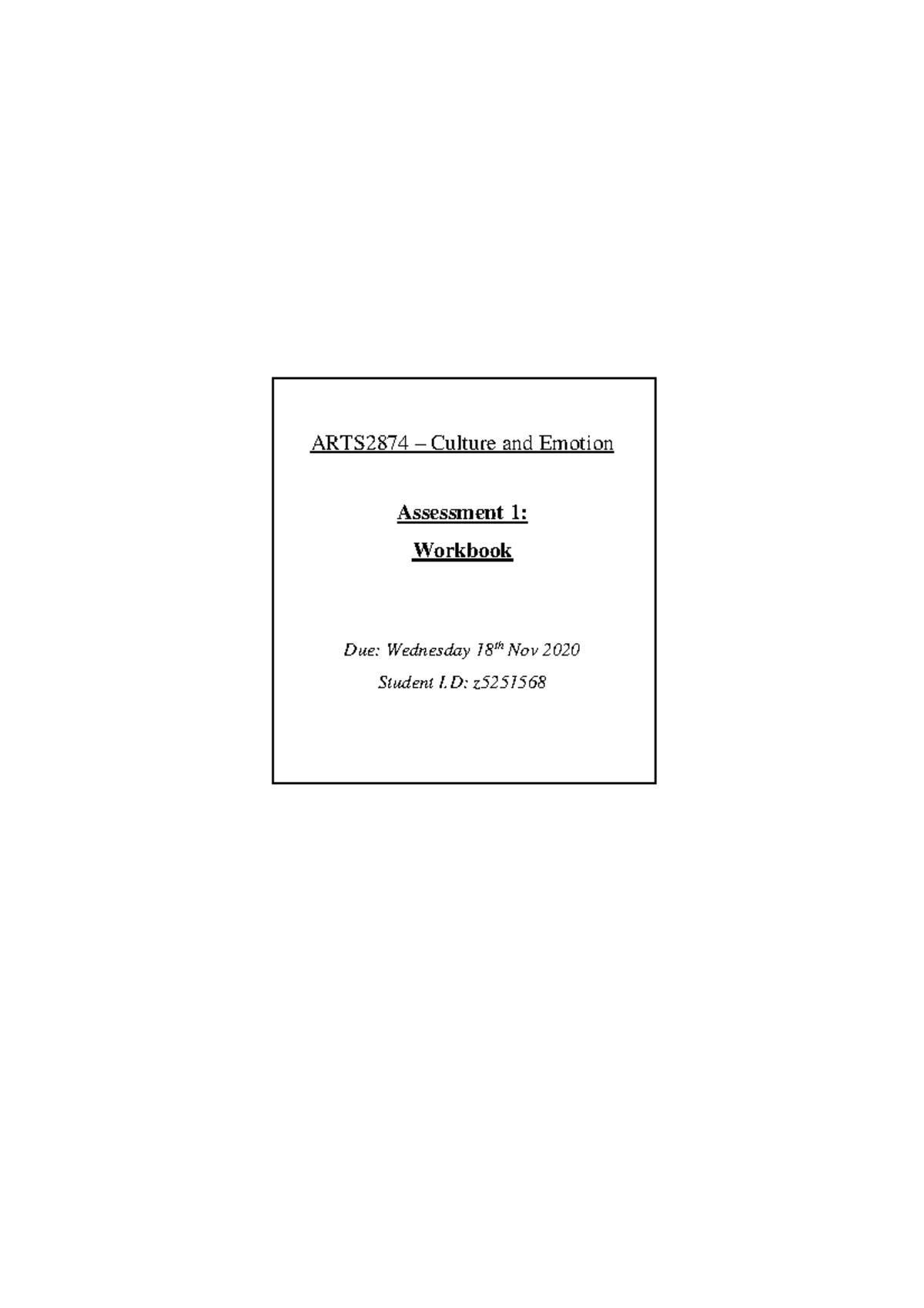 Complete workbook example - ARTS2874 – Culture and Emotion Assessment 1 ...